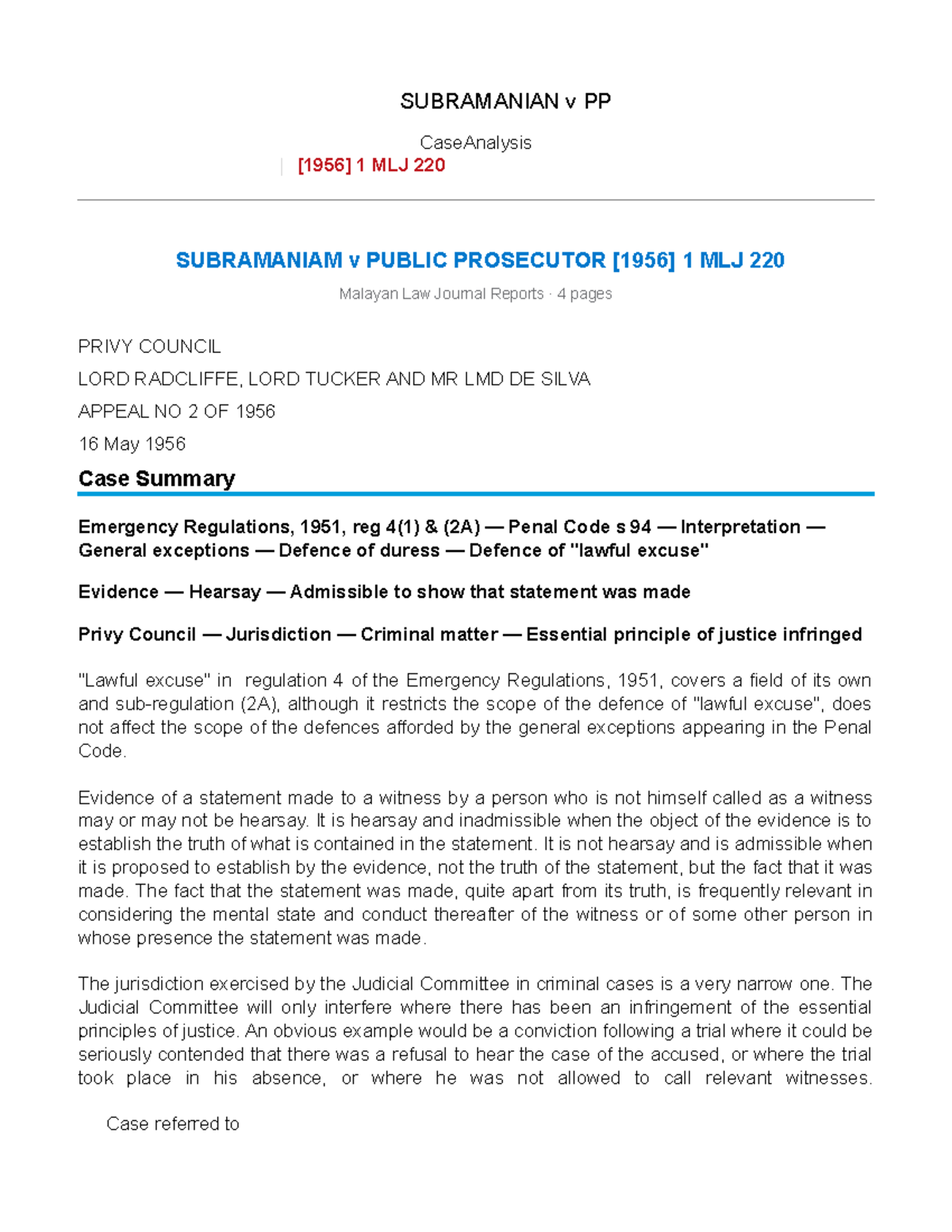 Subramaniam v Public Prosecutor, [1956] 1 MLJ 220 - SUBRAMANIAN v PP ...