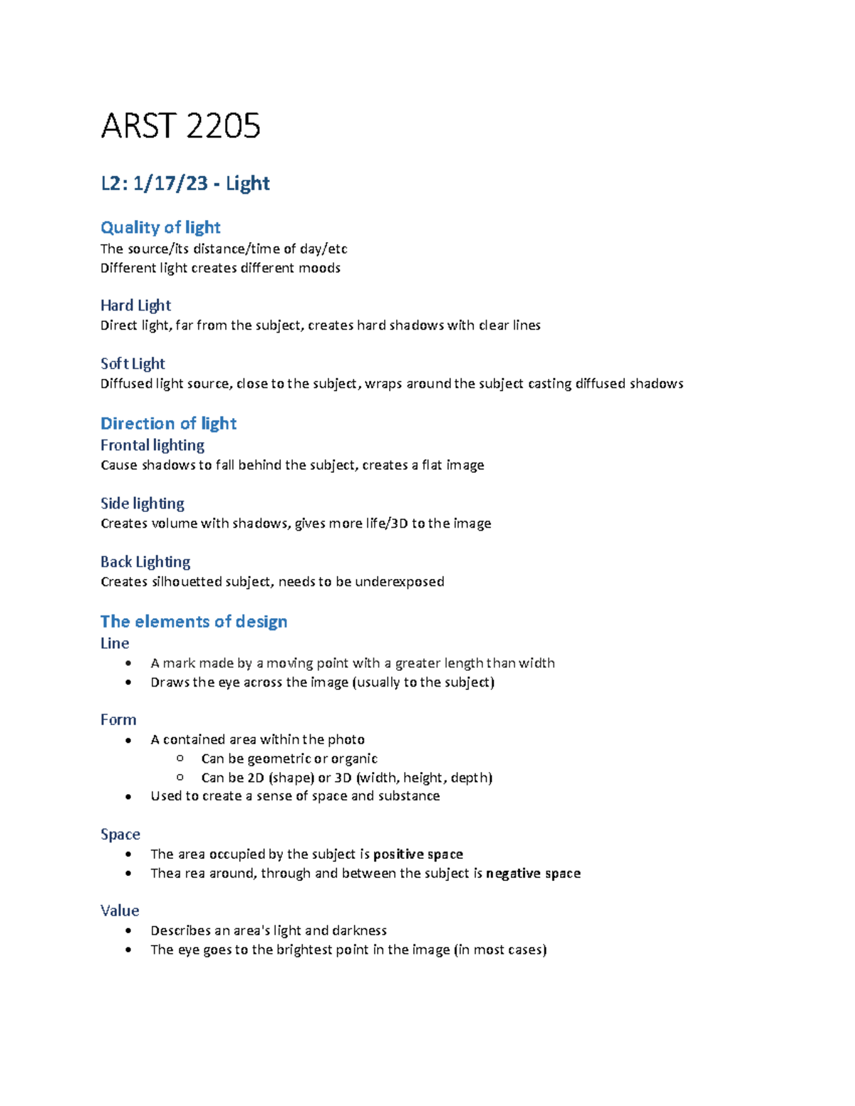 ARST 2205 - Light and Reading Images - ARST 2205 L2: 1/17/23 - Light ...