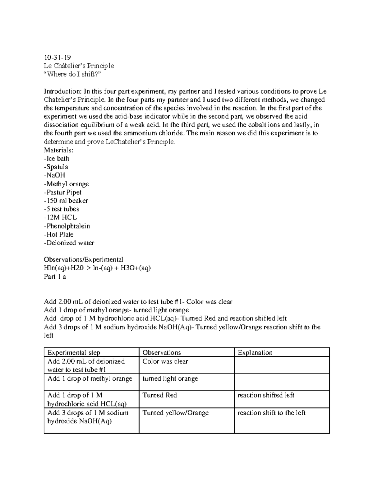 Experment 10 copy - Lab 10 lab report - Warning: TT: undefined function: 32 10-31- Le Chátelier ...