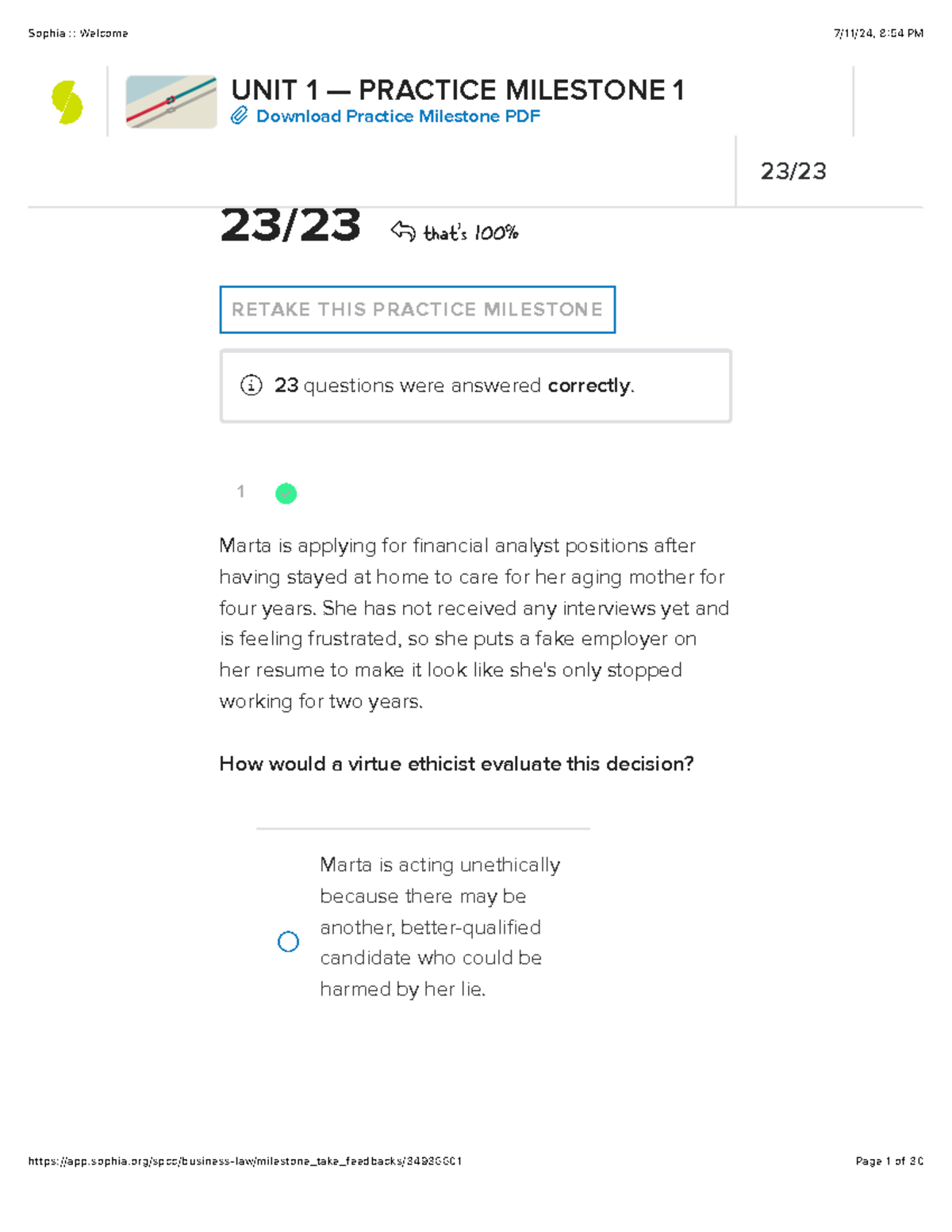 Law Unit 1 Practice Milestone - 1 23 / 23 that's 100% RETAKE THIS ...