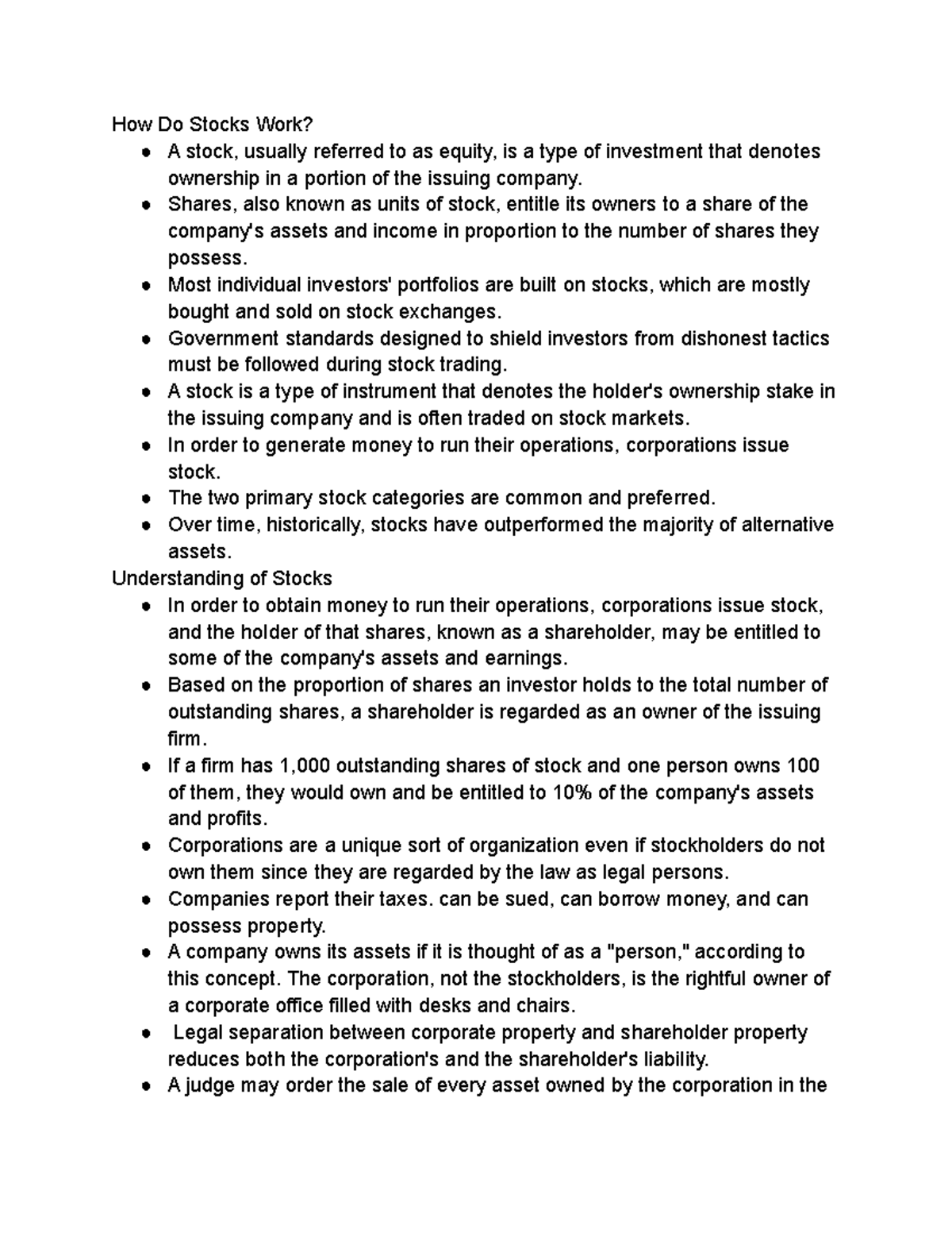 Stock Basics - Lecture notes from class - How Do Stocks Work? A stock ...