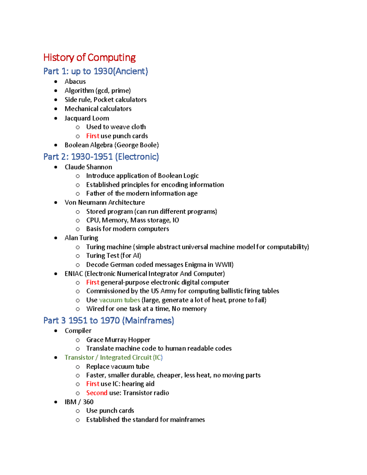 Review for EECS 1520 - Lecture notes 20-25 - History of Computing Part ...