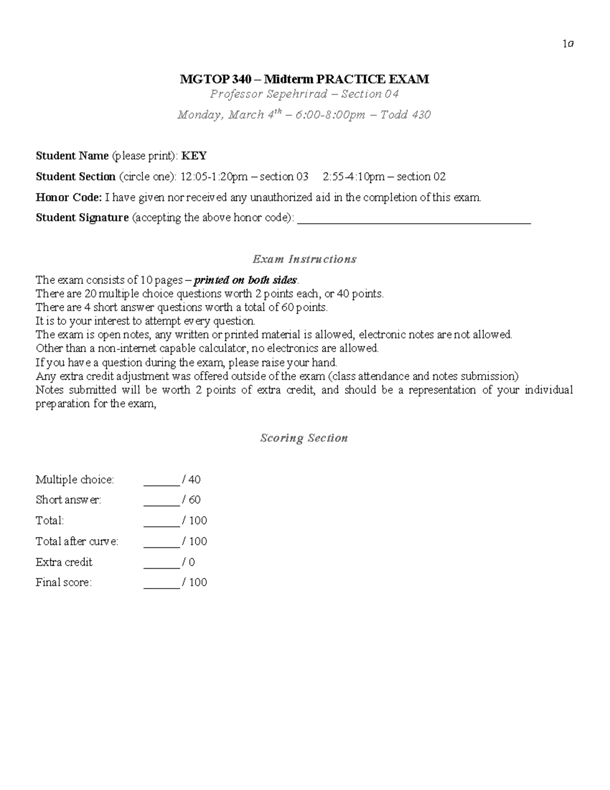 MGTOP 340 - Midterm - Practice Exam - KEY - MGTOP 340 – Midterm PRACTICE EXAM Professor ...