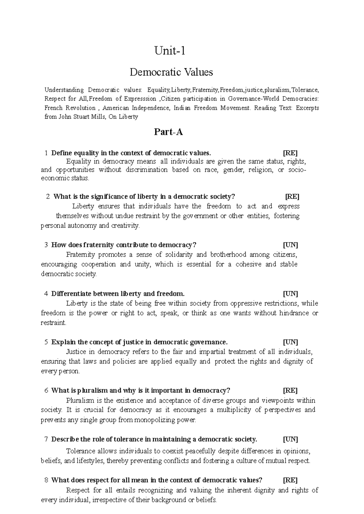 Human values and Ethics 2 marks - Unit- Democratic Values Understanding ...
