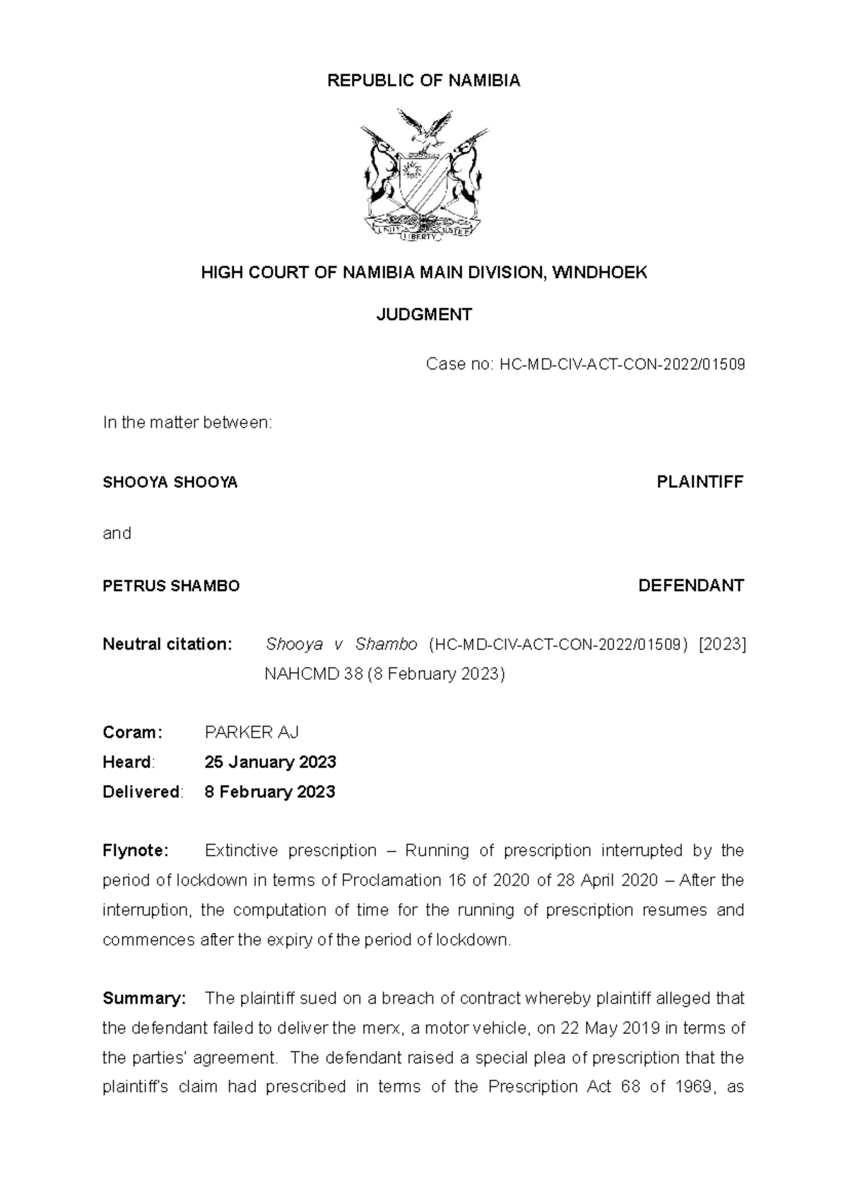 Shooya v Shambo (HC-MD-CIV-ACT-CON-2022-01509) [2023] Nahcmd 38 (8 ...