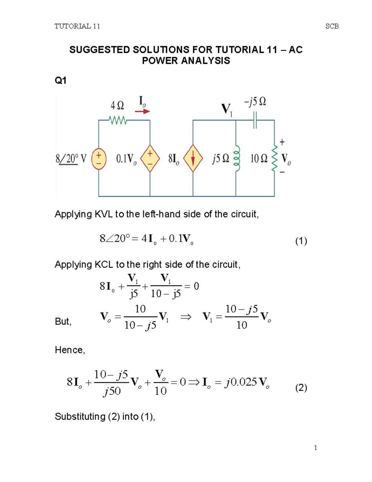 EE2001 Tutorial 11 Solutions - TUTORIAL 11 SCB SUGGESTED SOLUTIONS FOR TUTORIAL 11 – AC POWER ...