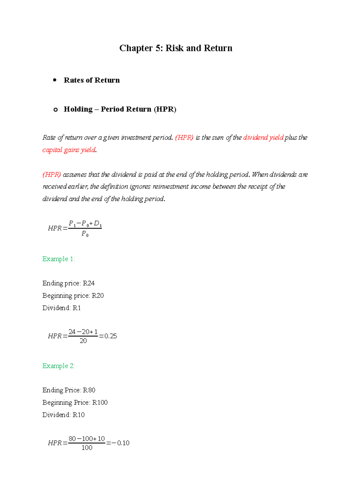 Chapter 5 - Risk and Return - Chapter 5: Risk and Return Rates of ...