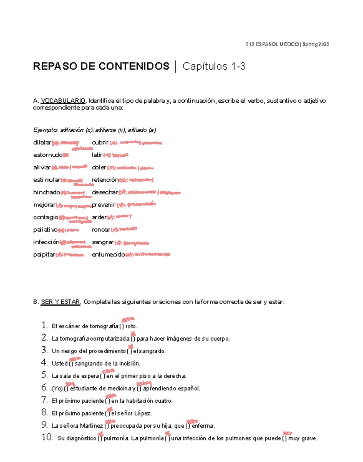 Repaso Para Parcial 1 - 313 ESPAÑOL MÉDICO | Spring 2023 REPASO DE ...
