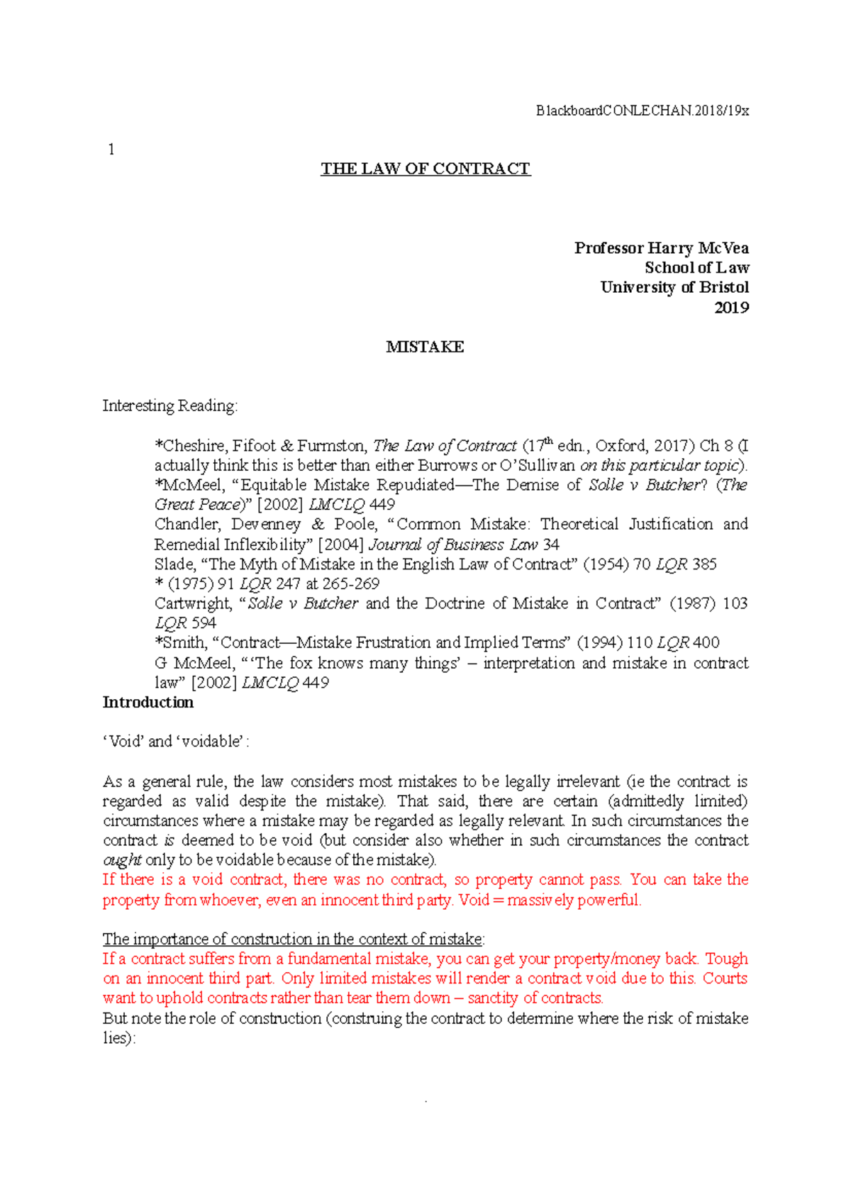 29, 05, and 06 - contract mistake handout - BlackboardCONLECHAN/19x 1 ...