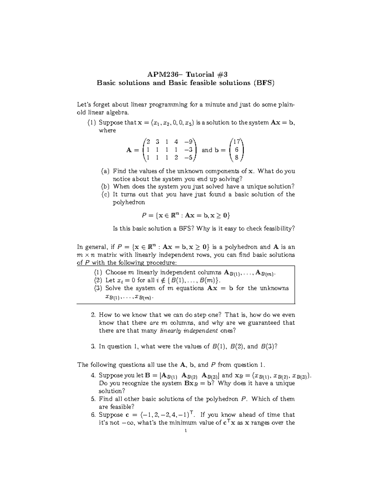 APM236 T3 - tutorial 3 - APM236– Tutorial Basic solutions and Basic ...