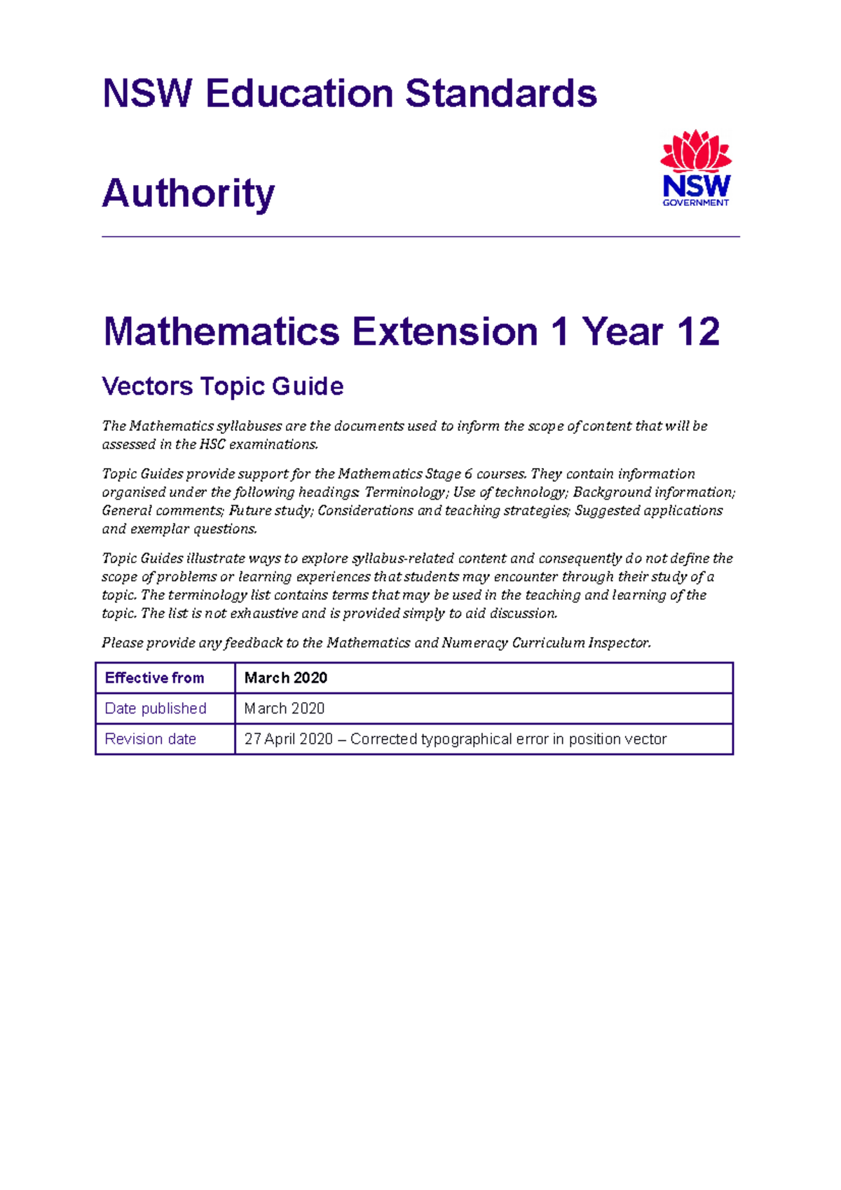 Mathematics extension 1 year 12 topic guide vectors - NSW Education ...