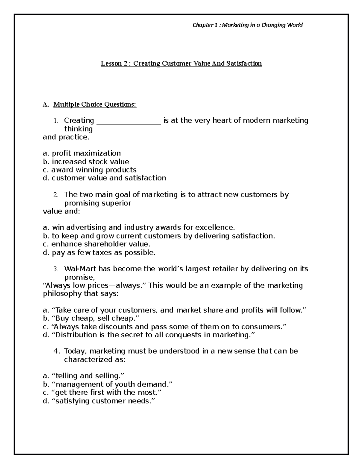 Lesson 2 - Business Worksheet - Lesson 2 : Creating Customer Value And ...