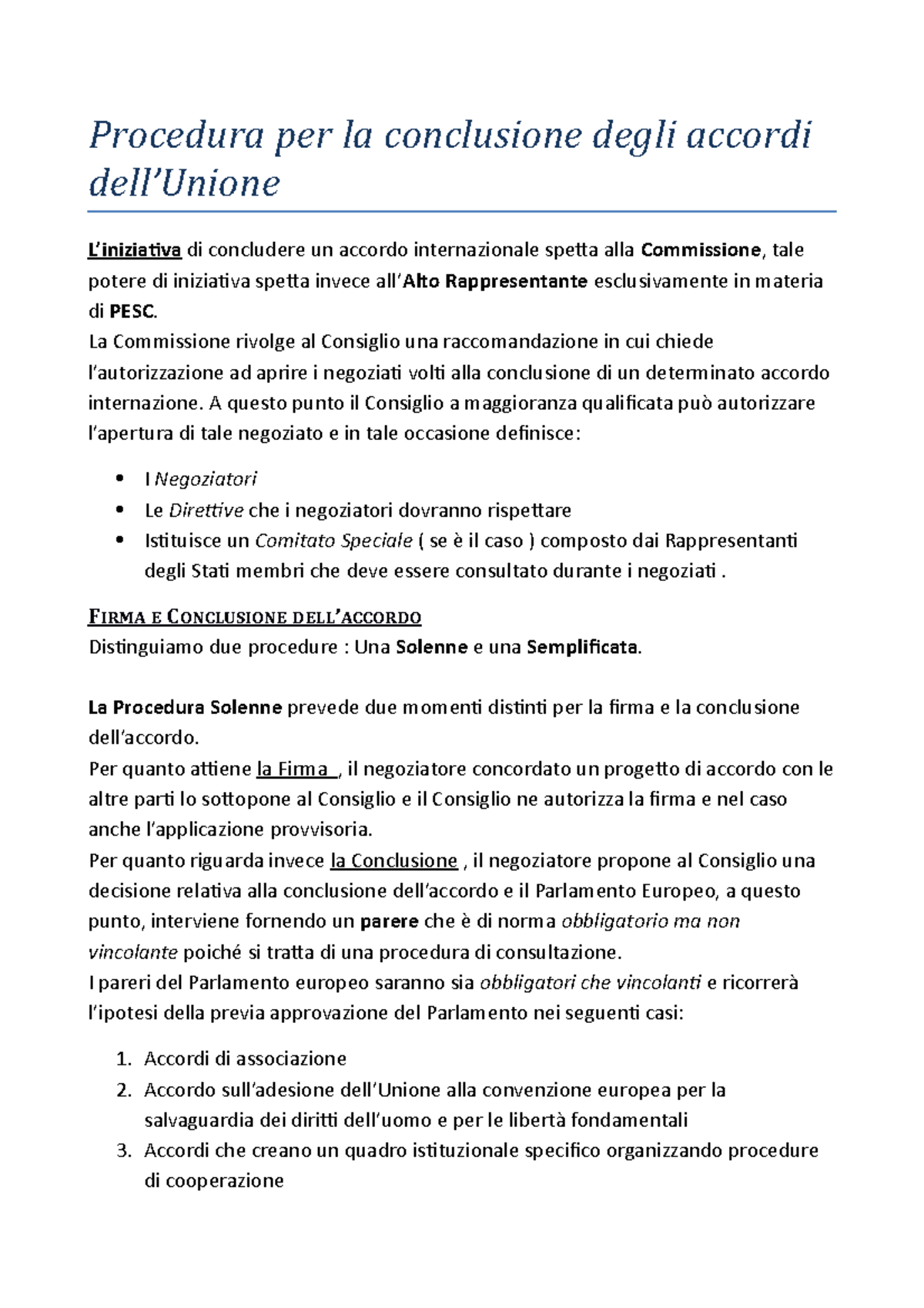 Procedura per accordi intern. e bilancio - Procedura per la conclusione ...