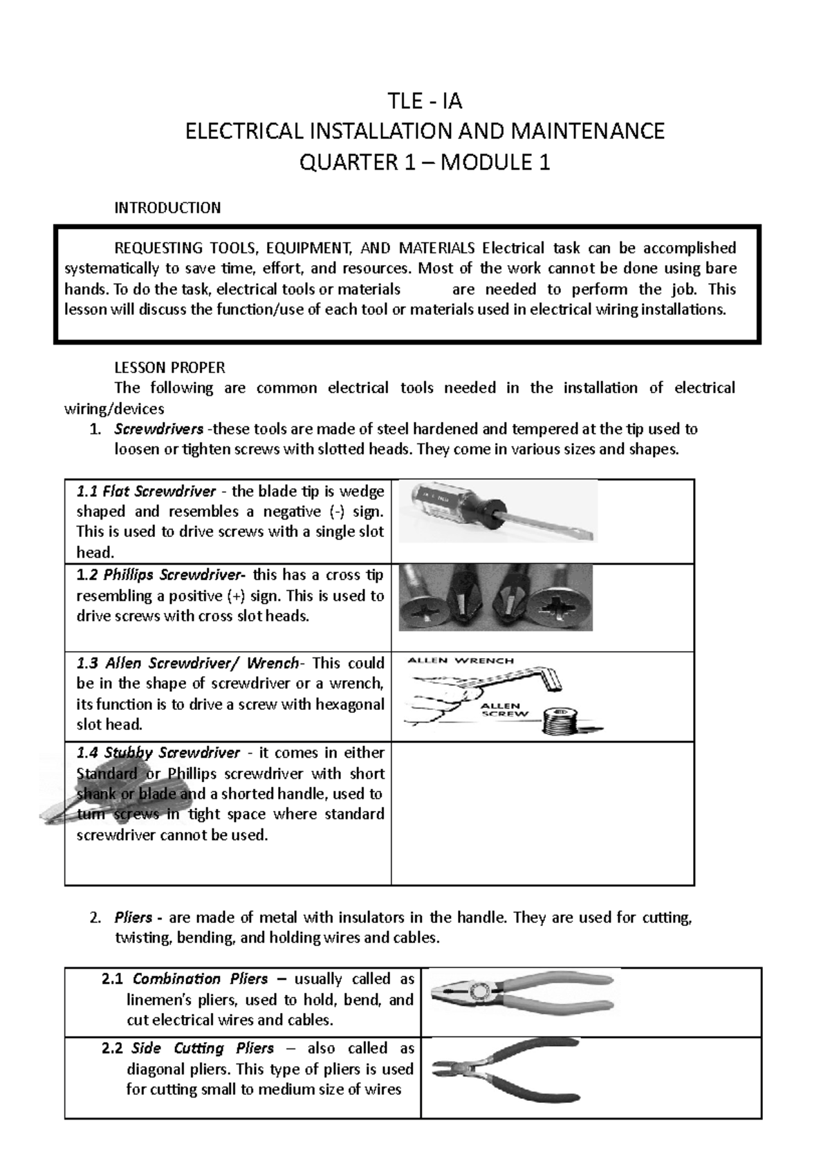 TLE EIM WEEK 1 - N/A - TLE - IA ELECTRICAL INSTALLATION AND MAINTENANCE QUARTER 1 – MODULE 1 ...