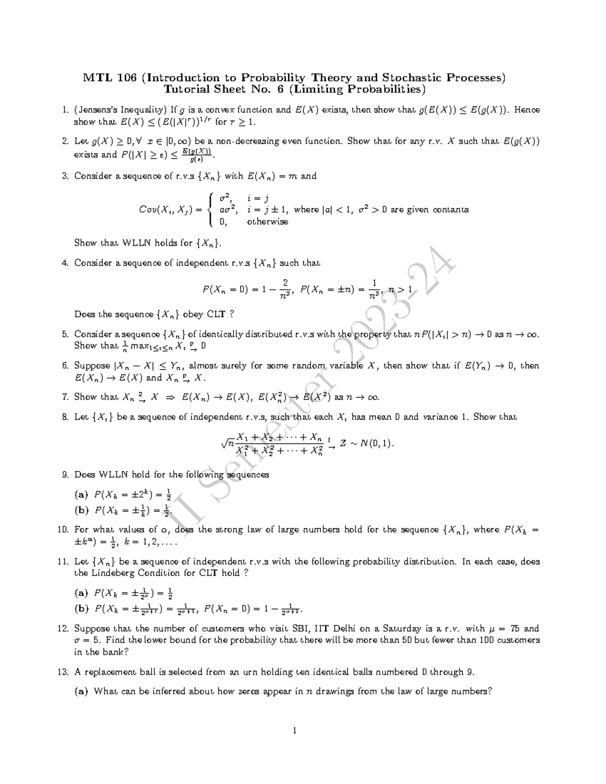Tutsheet 6new - Tutorials - II Semester 2023- MTL 106 (Introduction to Probability Theory and ...