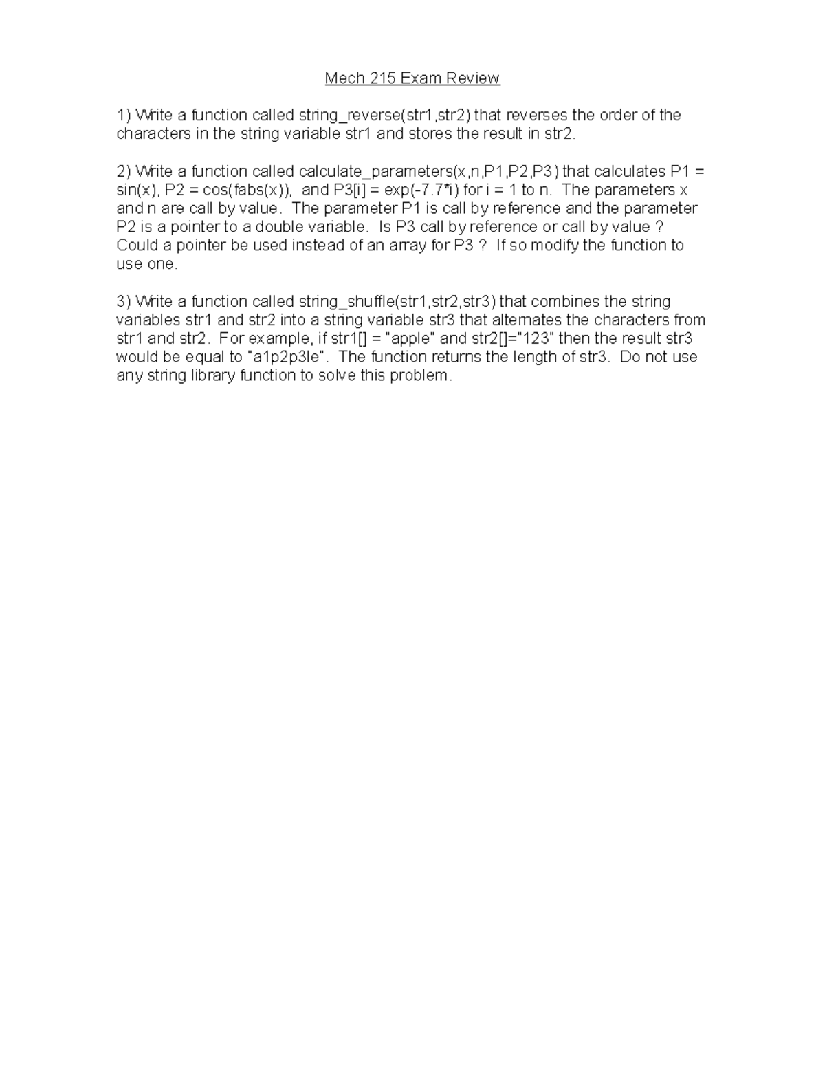 Mech215 Exam Review Mech 215 Exam Review Write A Function Called String Reverse Str1 Str2