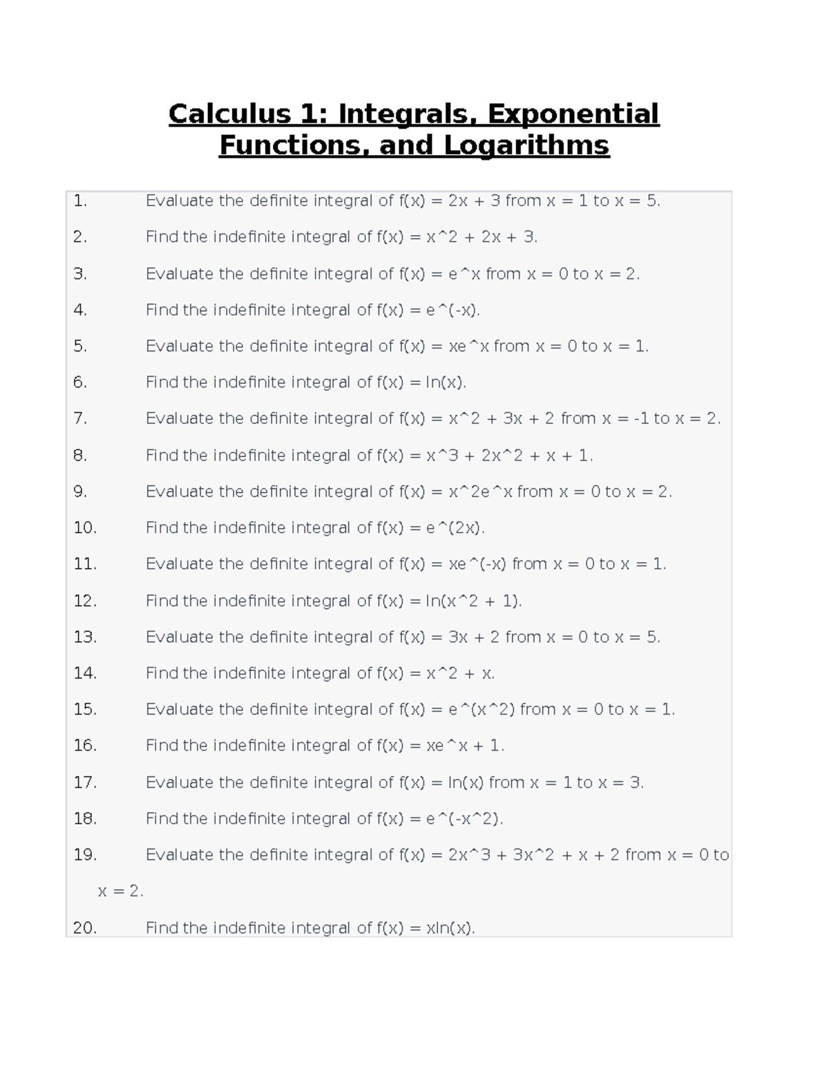 Calculus 1 - self-made worksheets - Calculus 1: Integrals, Exponential Functions, and Logarithms ...