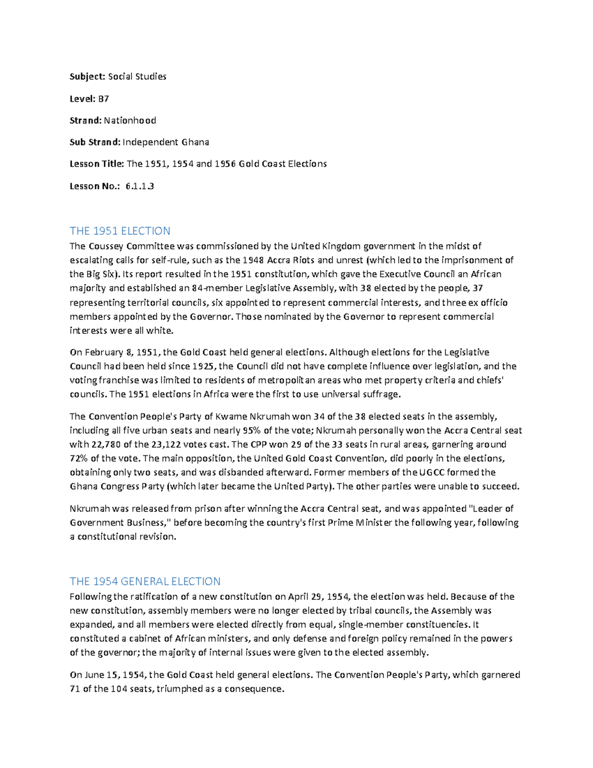 The 1951, 1954 and 1956 Elections - Subject: Social Studies Level: B ...