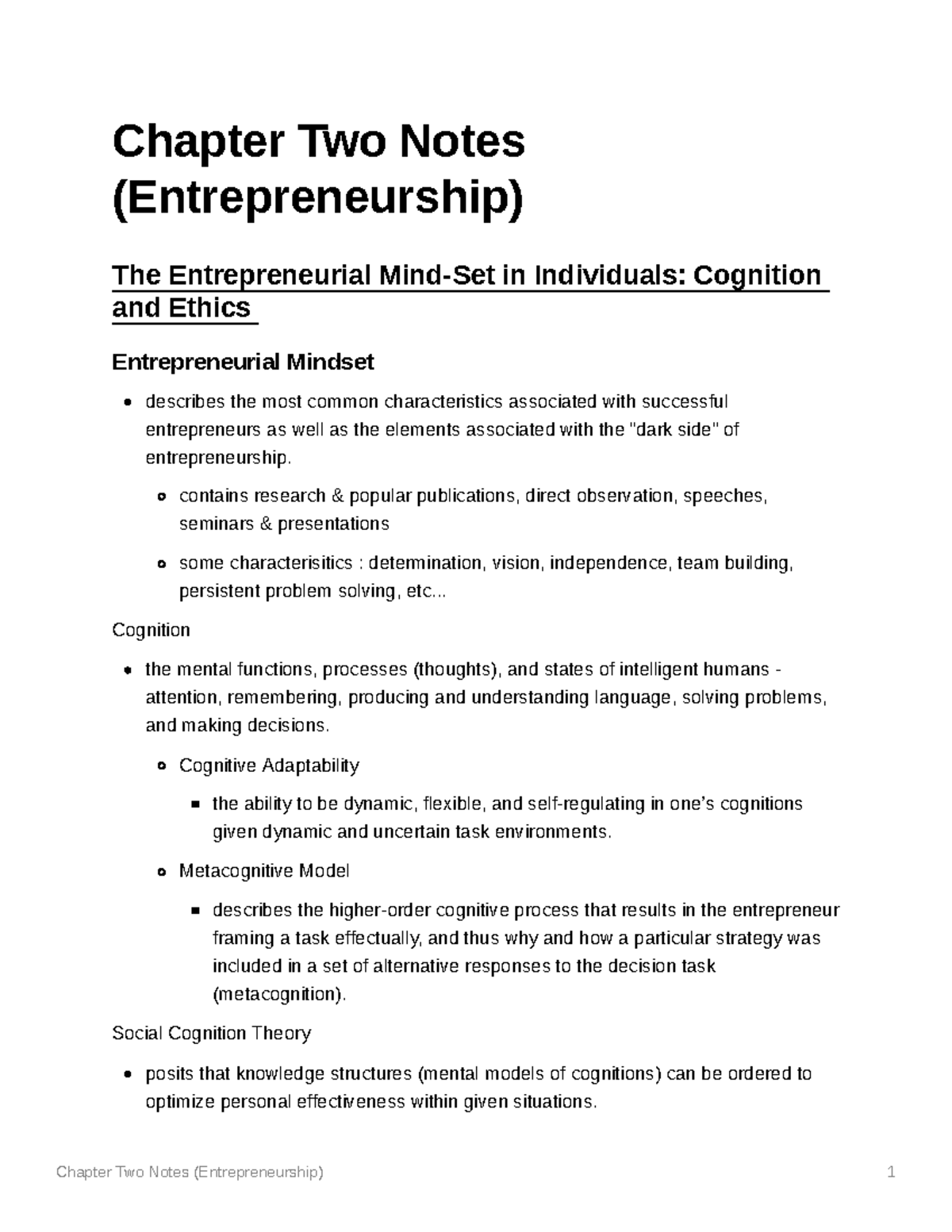 Chapter Two Notes (Entrepreneurship) - contains research & popular ...