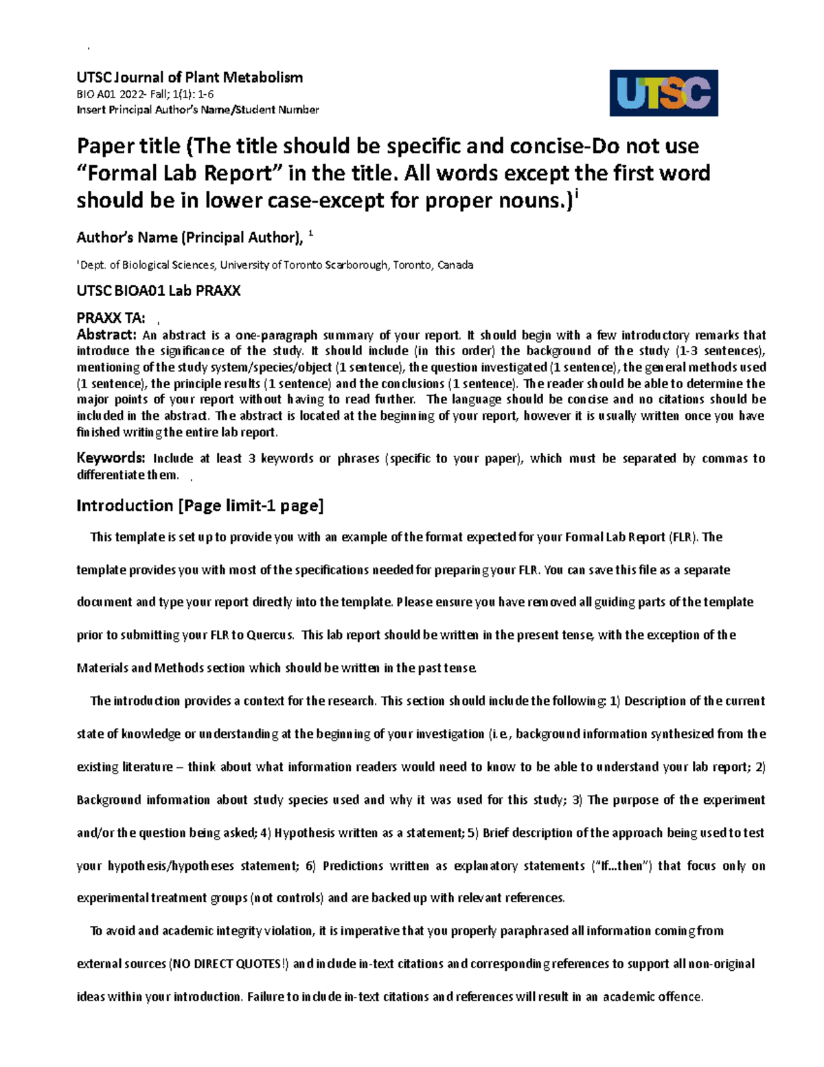 BIOA01 Formal Lab Report Template F2022 - UTSC Journal of Plant ...