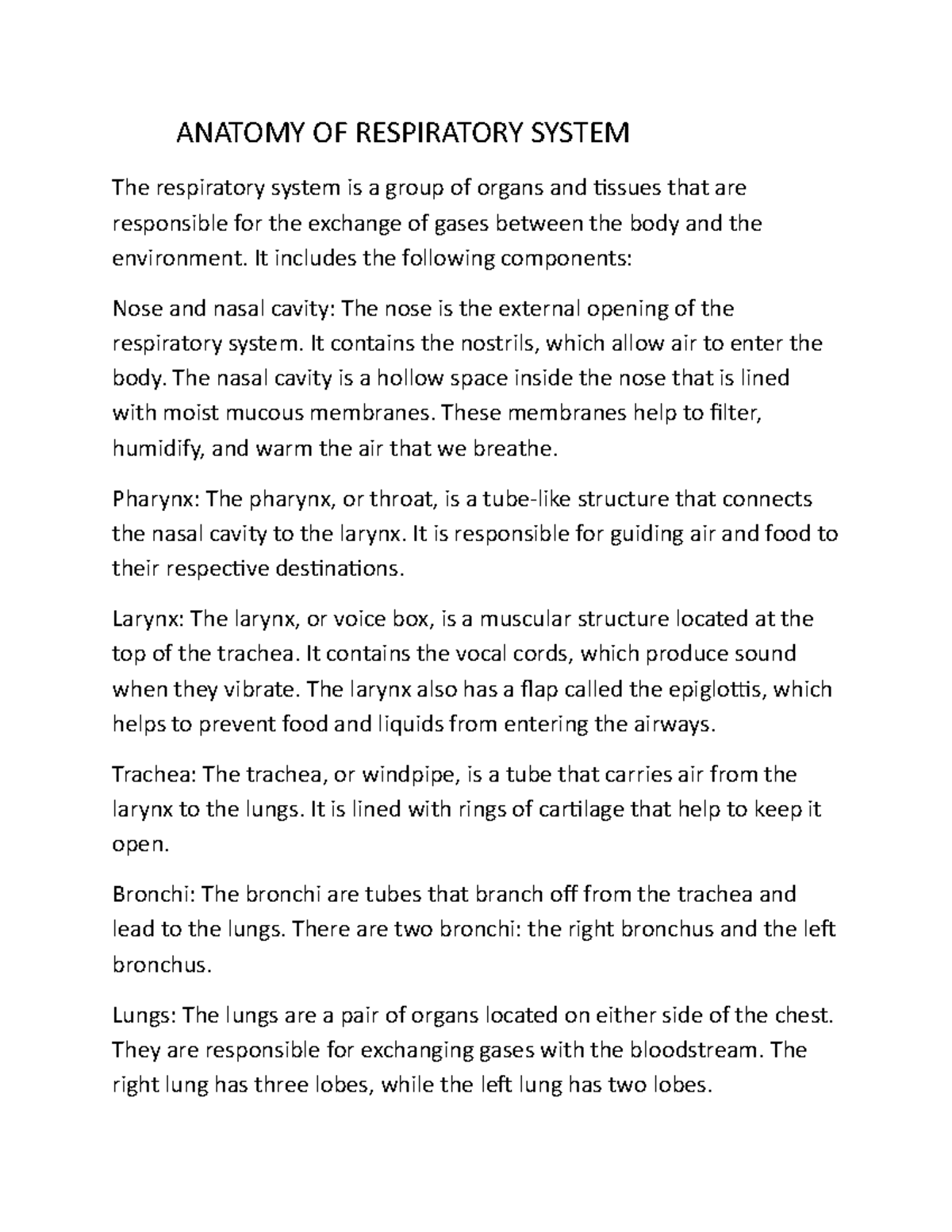 Anatomy OF Respiratory Systtem - ANATOMY OF RESPIRATORY SYSTEM The ...