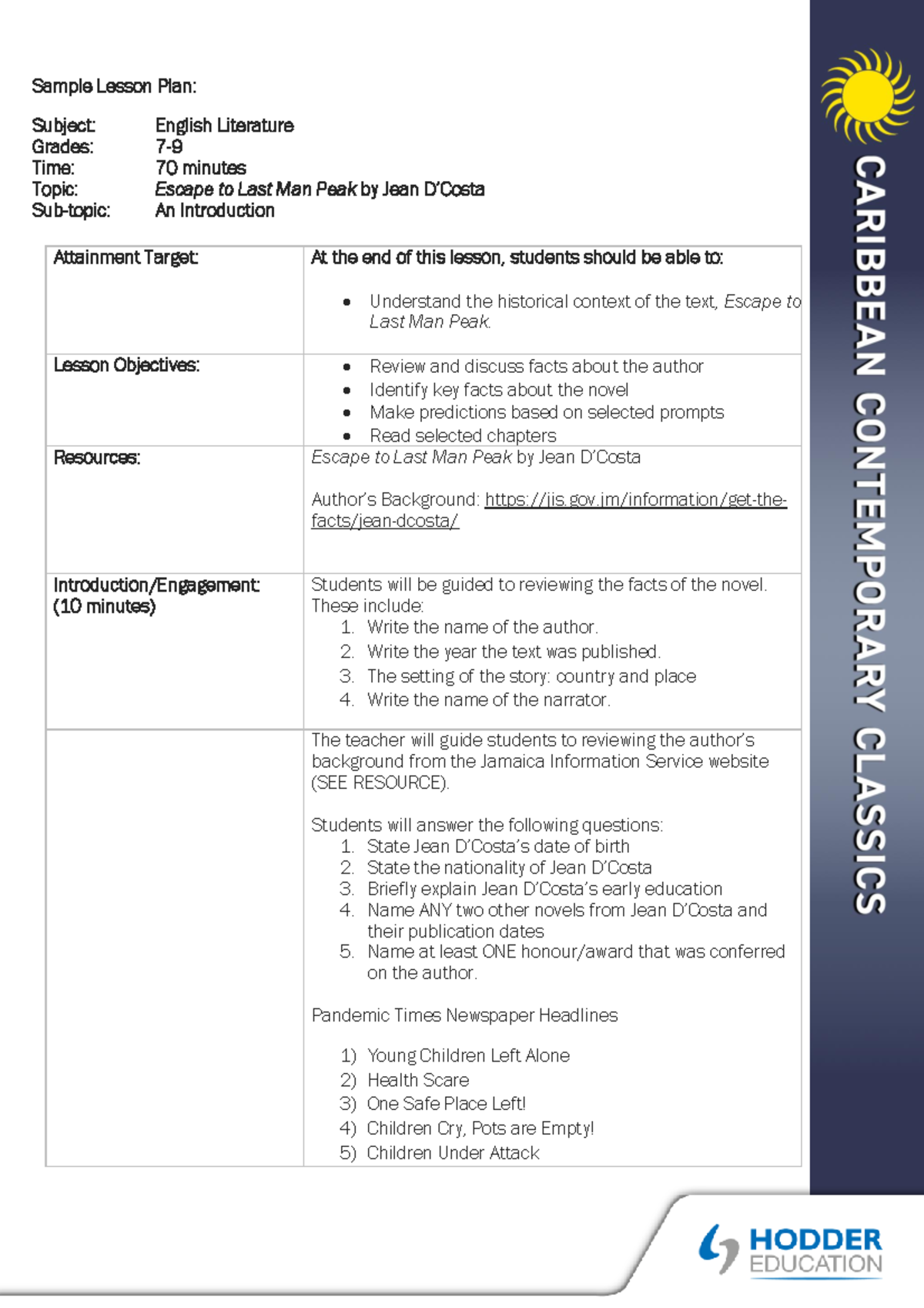 Sample Lesson Plan Escape to Last Man Peak Lesson Plans (Grades 7 9 ...