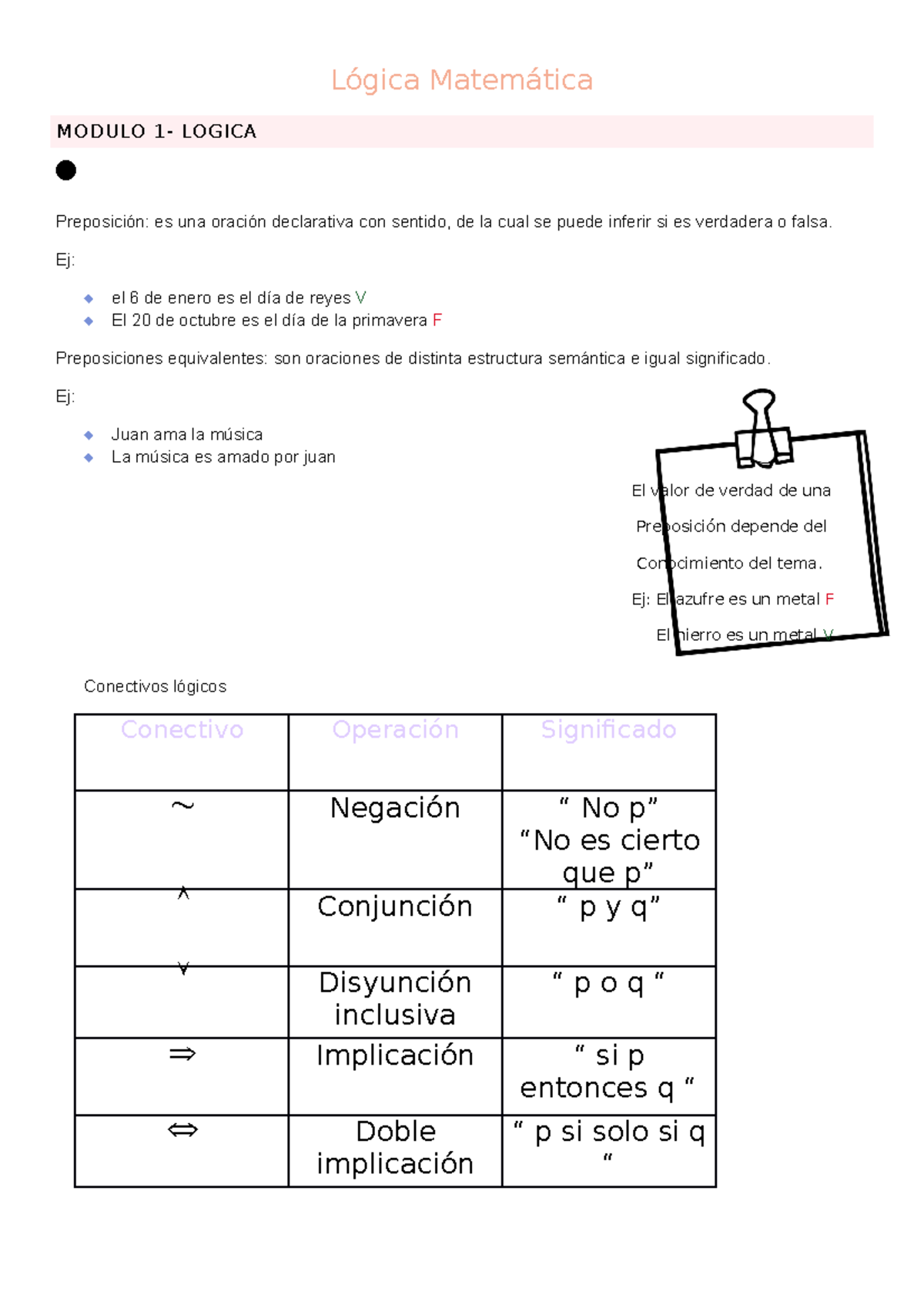 Lógica Matemática resumen - Lógica Matemática MODULO 1- LOGICA ...