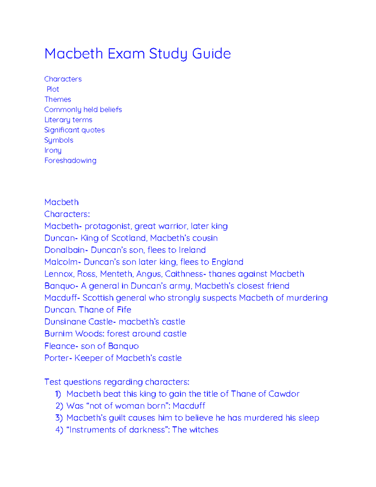 Macbeth Exam Study Guide - Macbeth Exam Study Guide Characters Plot ...