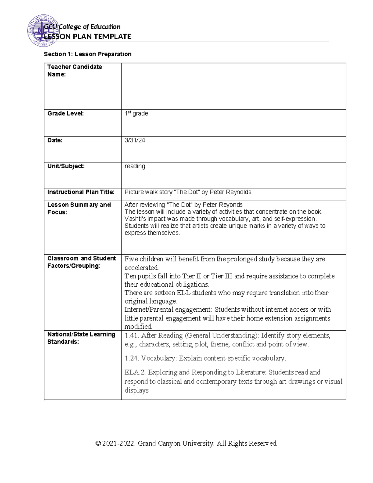 Topic 3 ELM 480 - lesson plan - LESSON PLAN TEMPLATE Section 1: Lesson ...