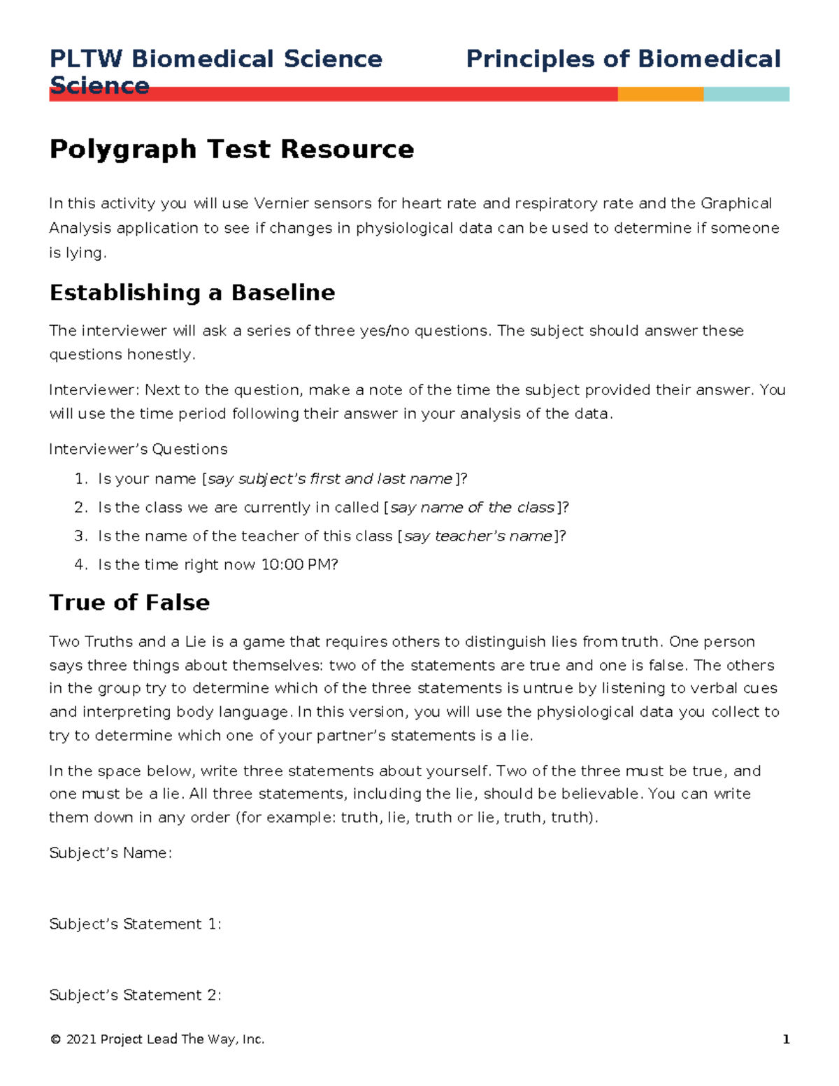 PBS 112 Polygraph Test Resource - PLTW Biomedical Science Principles of ...