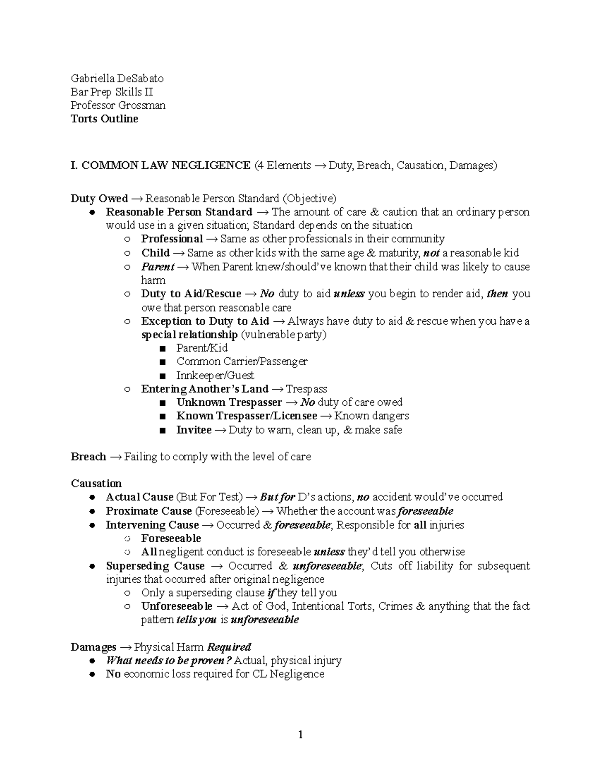 BPS 2 - Torts Outline - Gabriella DeSabato Bar Prep Skills II Professor ...
