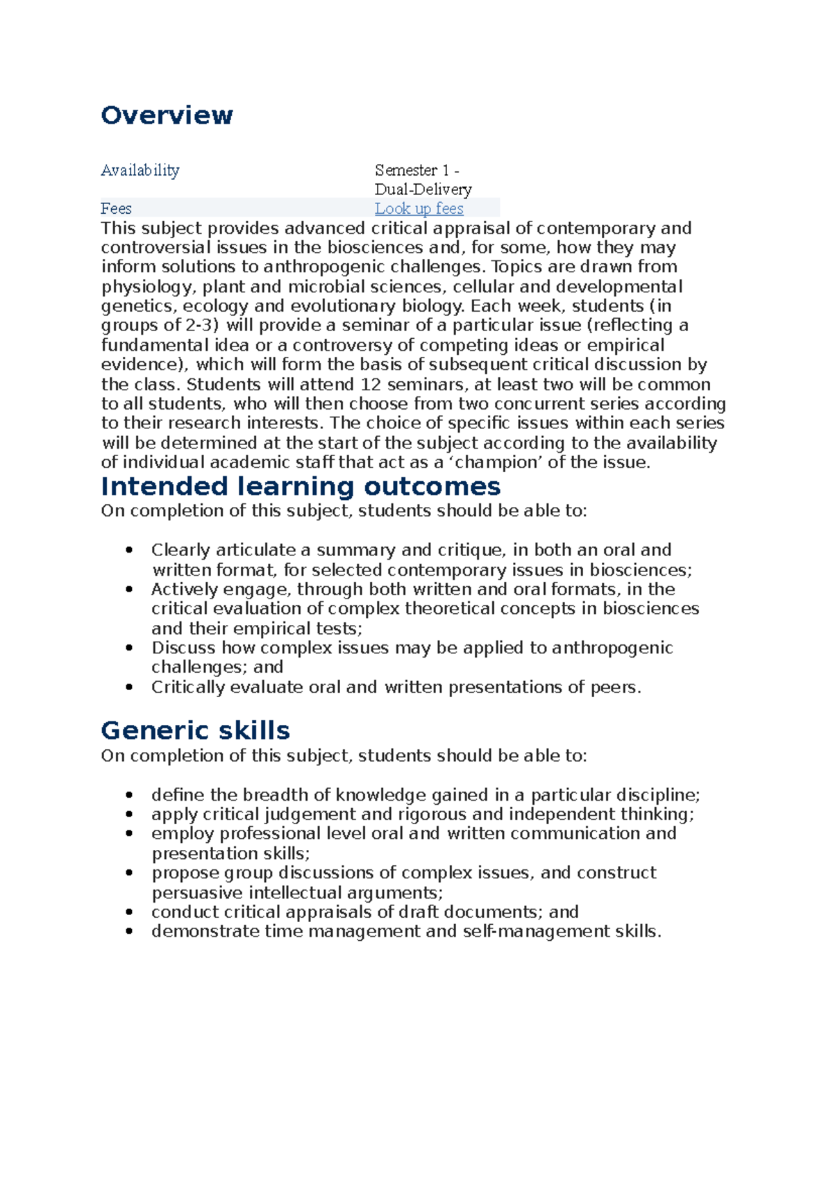 Graduate Seminar in Bio Sciences (BIOL90040) - Overview Availability ...