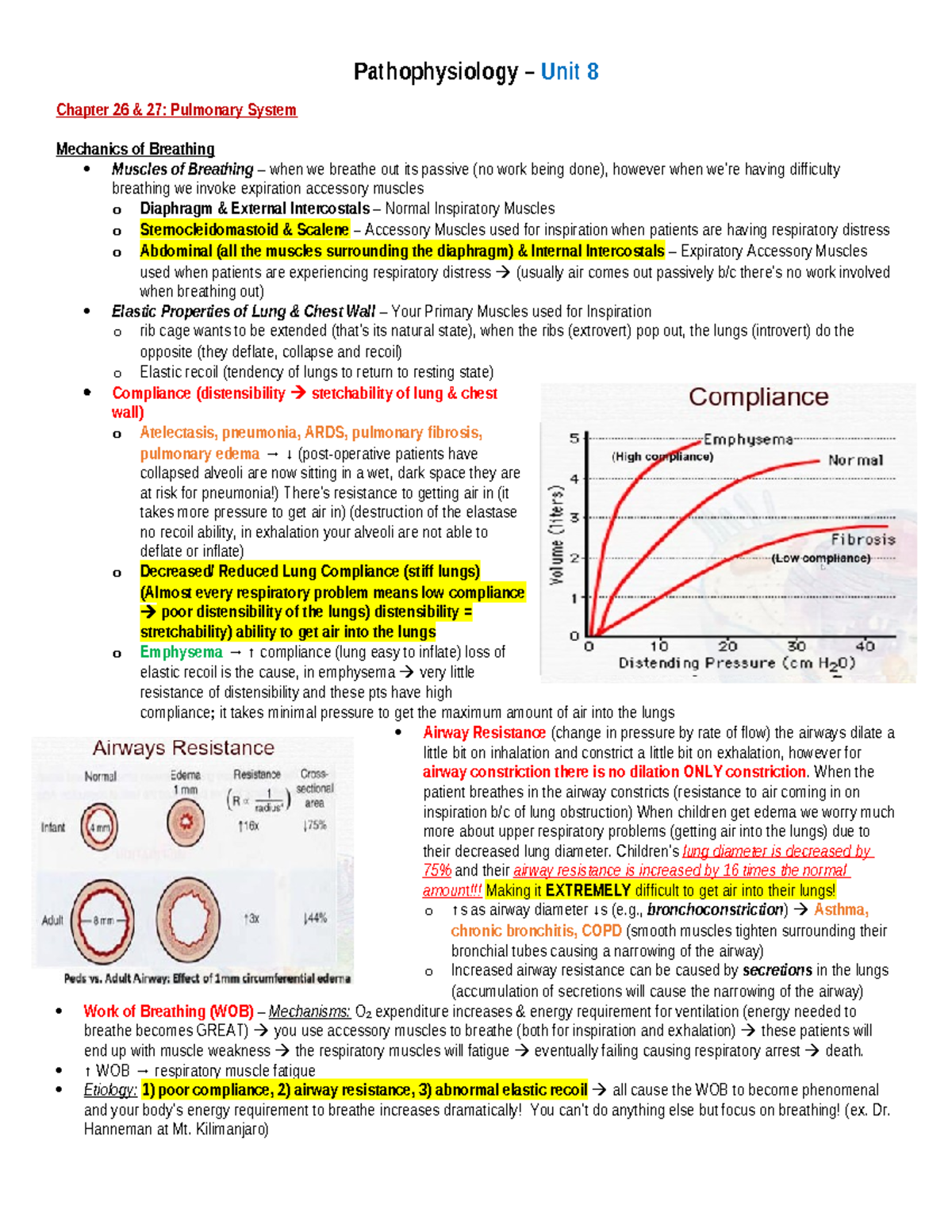 Pulmonary - Exam 2 - Pathophysiology – Unit 8 Chapter 26 & 27 ...