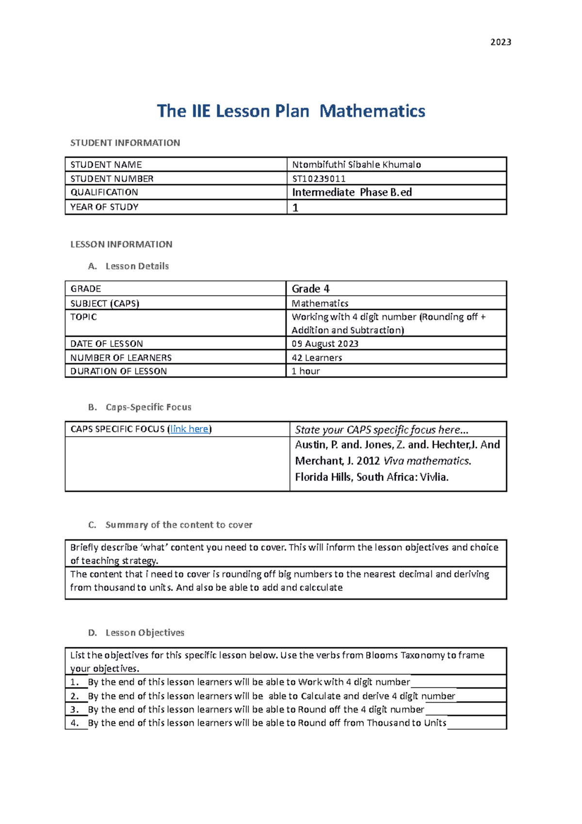 Lesson Plan Mathematics - The IIE Lesson Plan Mathematics STUDENT ...