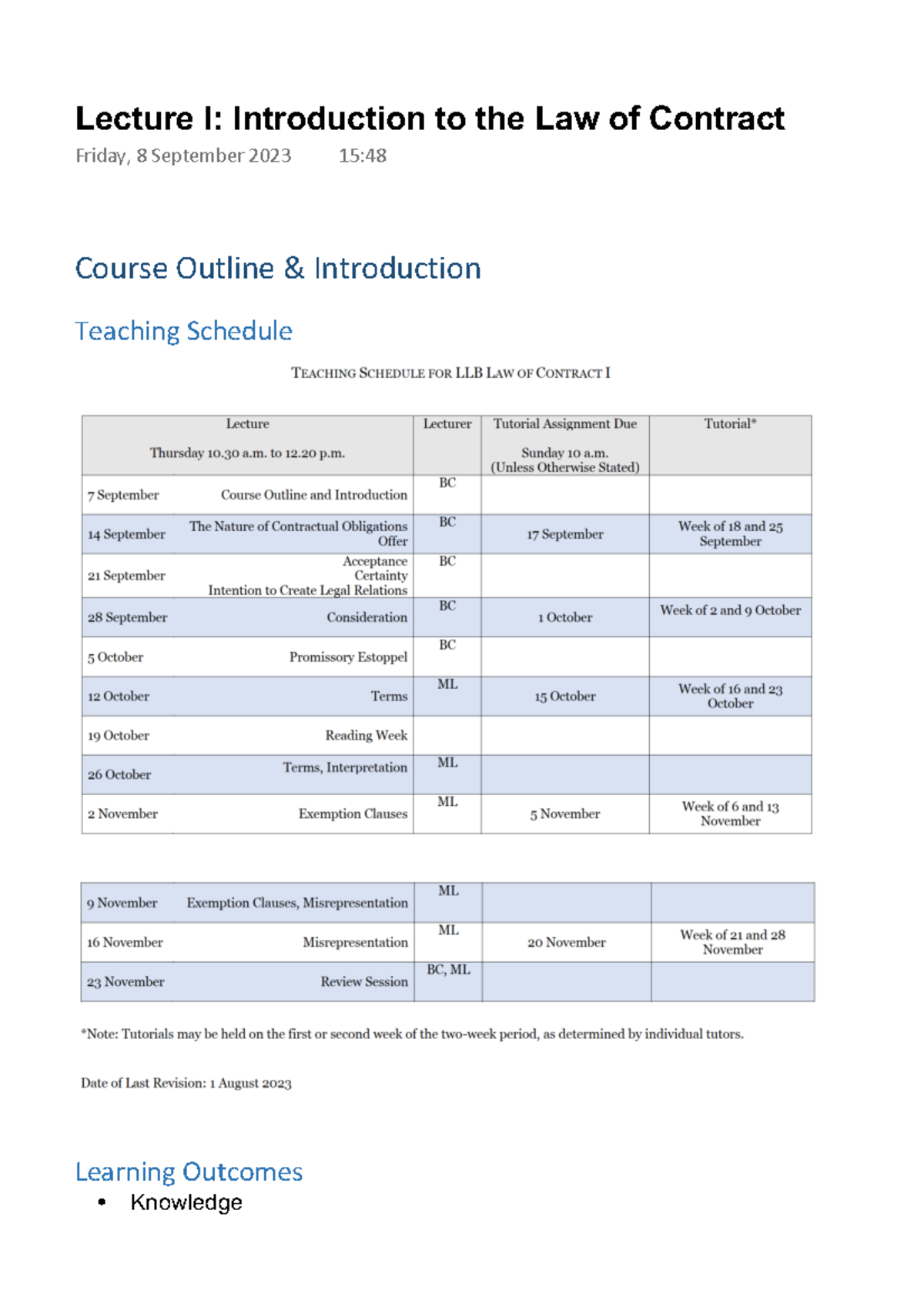 Lecture I Introduction to the Law of Contract - Course Outline & Introduction Teaching Schedule ...