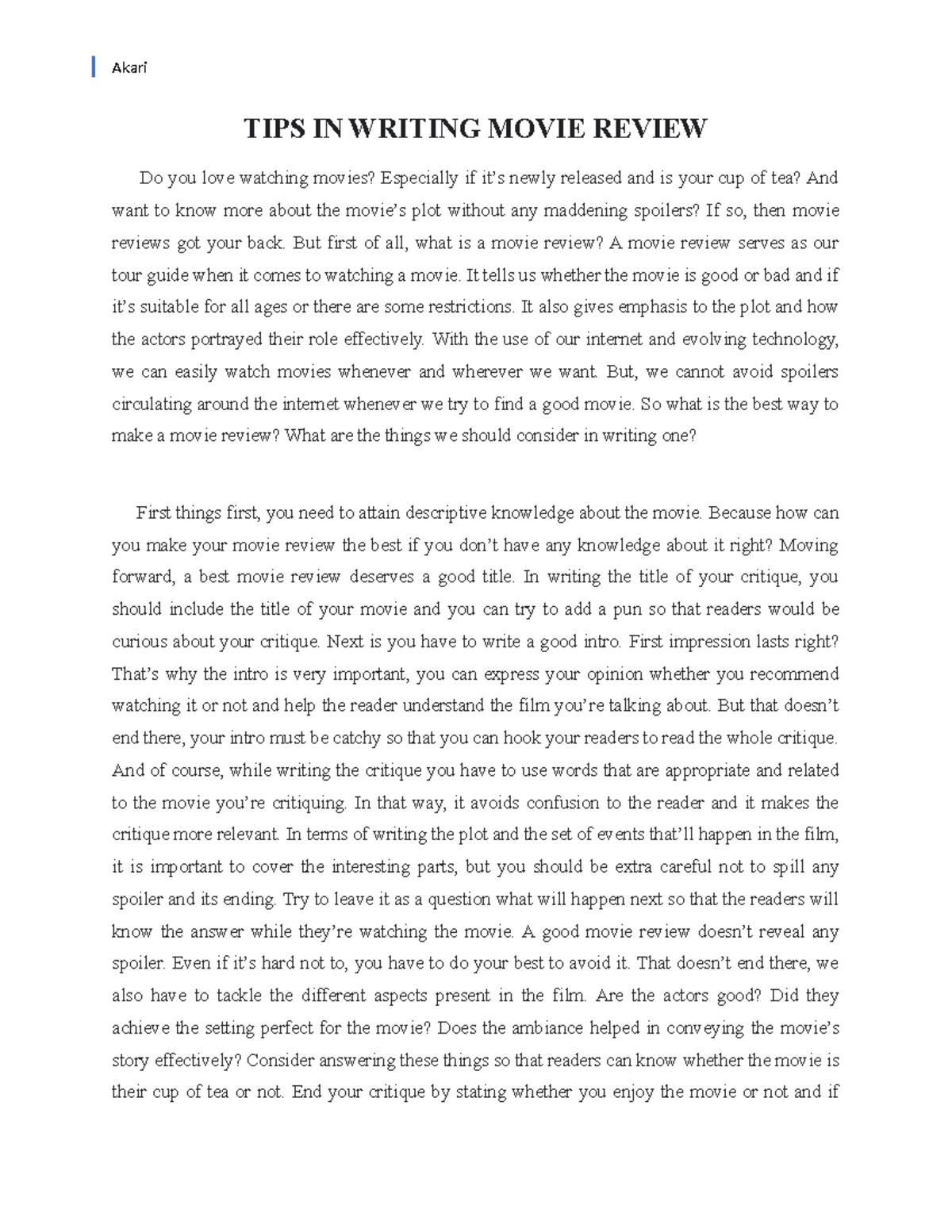 Tips in Writing a Movie Review (Akari) - Akari TIPS IN WRITING MOVIE ...