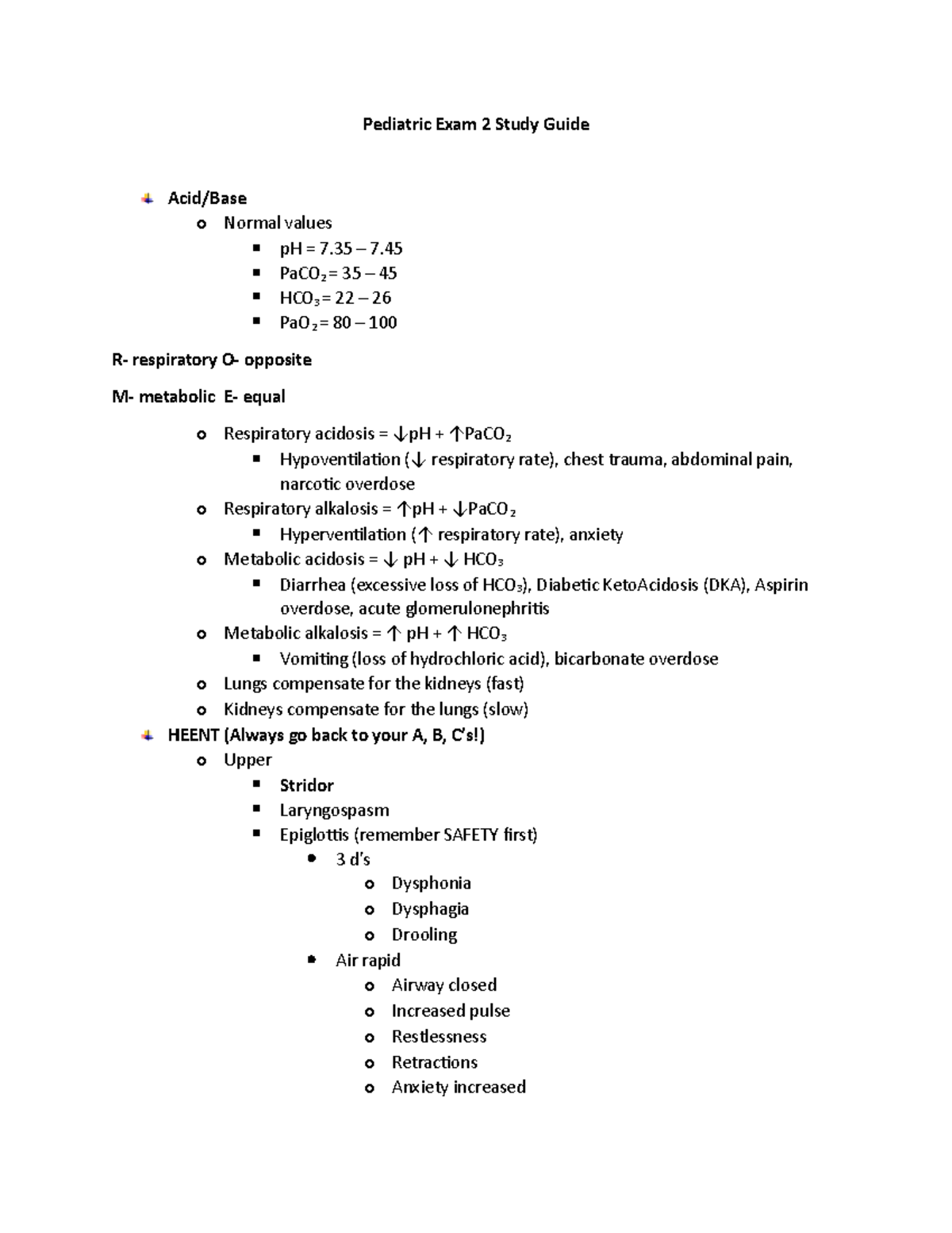 Pediatric Exam 2 Study Guide - Pediatric Exam 2 Study Guide Acid/Base o ...