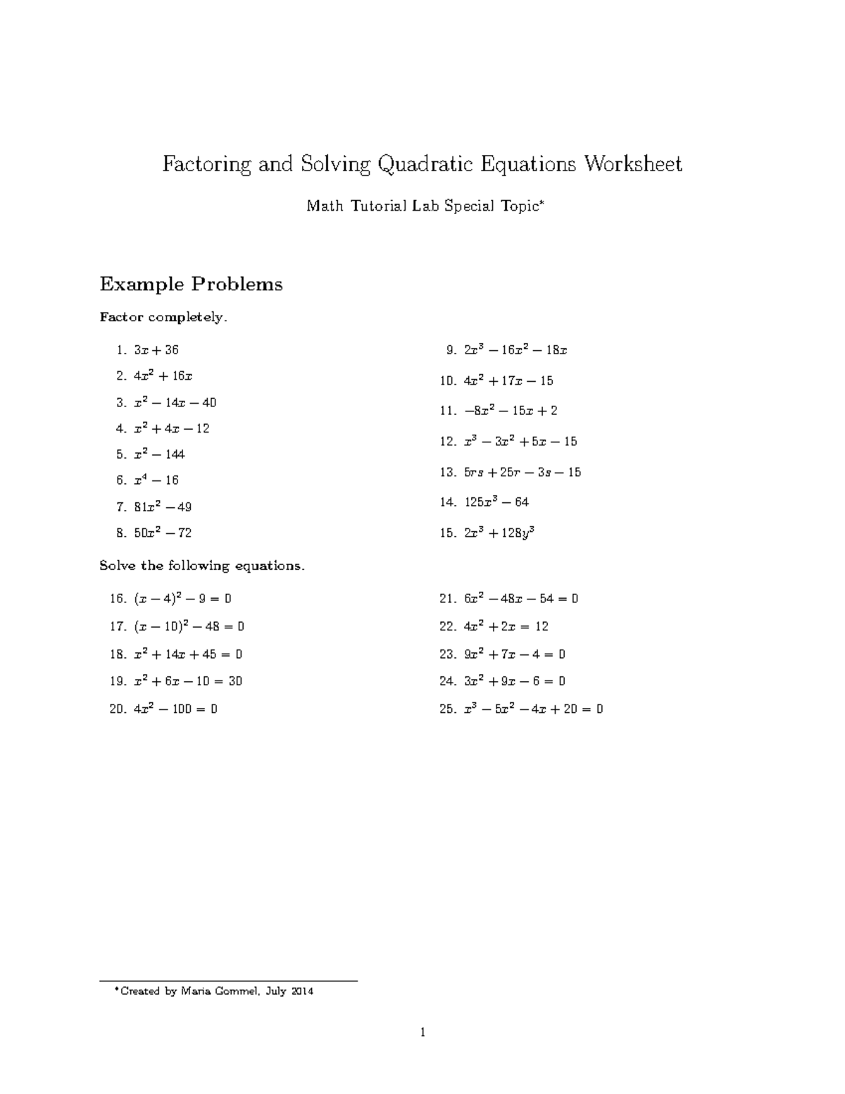 Factoring Worksheet - Factoring and Solving Quadratic Equations Worksheet Math Tutorial Lab ...