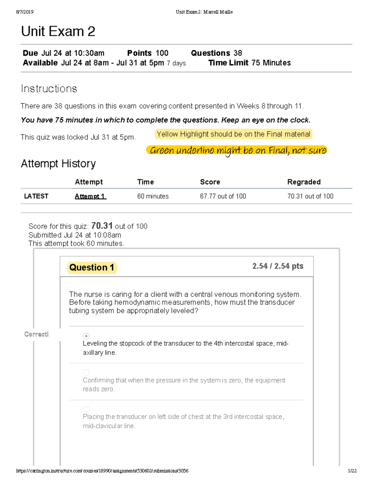 EXAM 2 Key Nights Med Surg IV - Unit Exam 2 Due Jul 24 at 10:30am ...