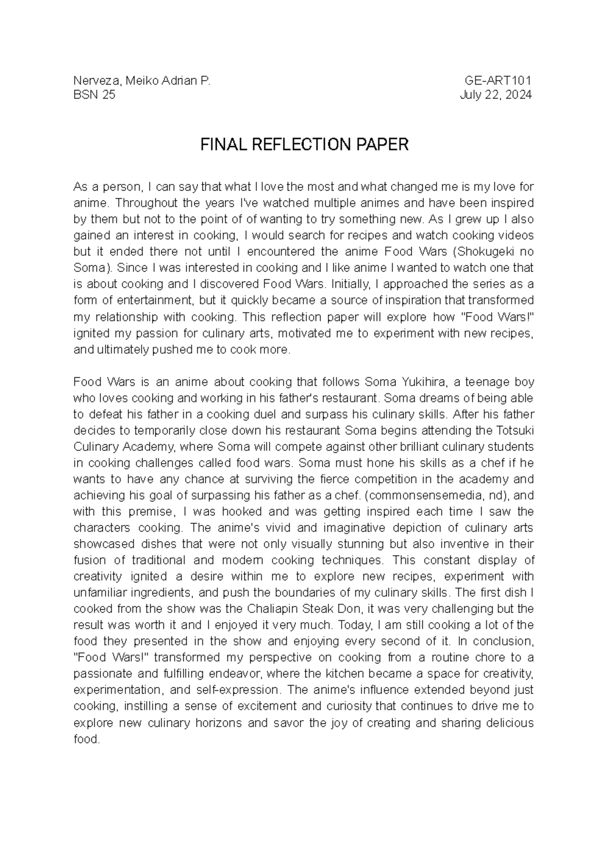 Nerveza Final Reflection Paper - Nerveza, Meiko Adrian P. GE-ART BSN 25 ...