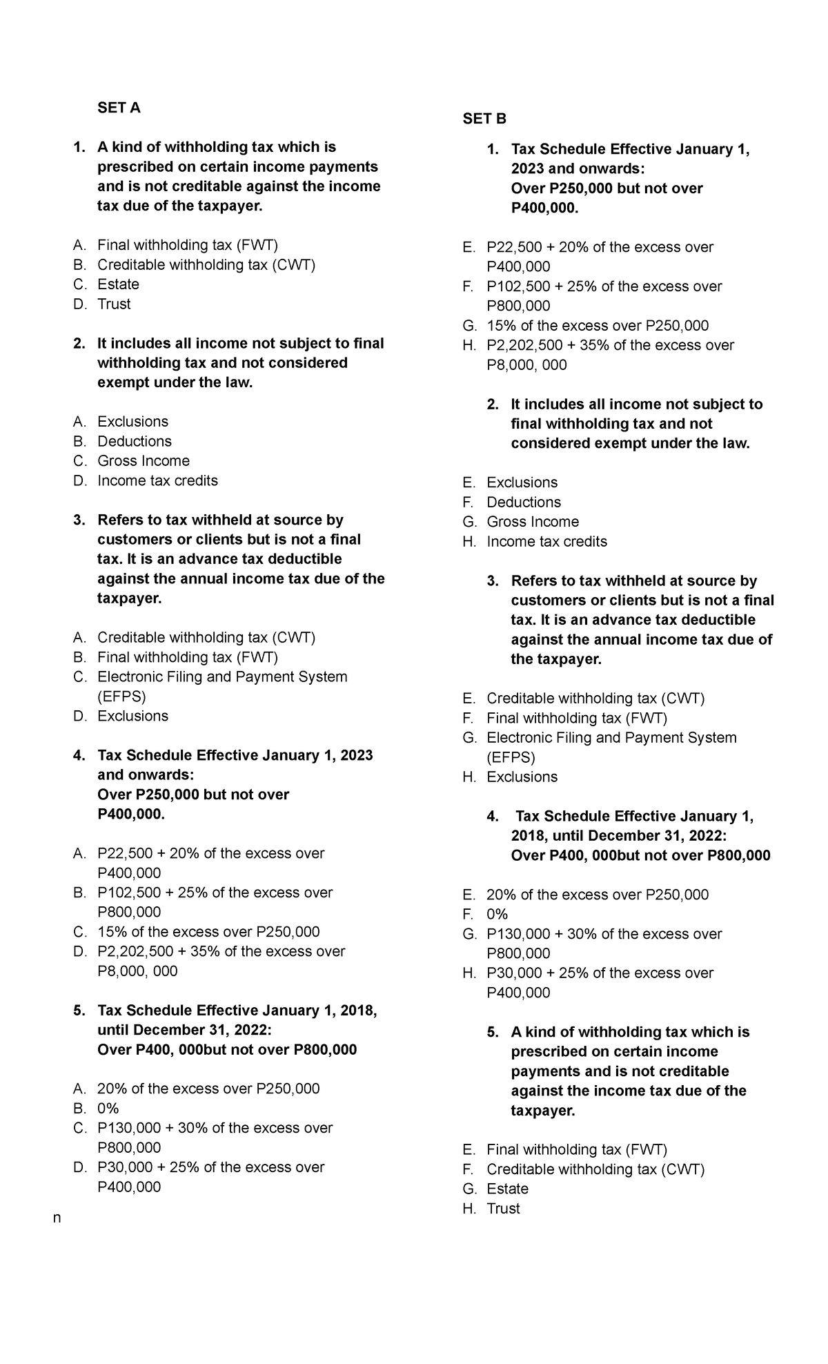 Income Taxation ON Individuals - SET A A kind of withholding tax which ...