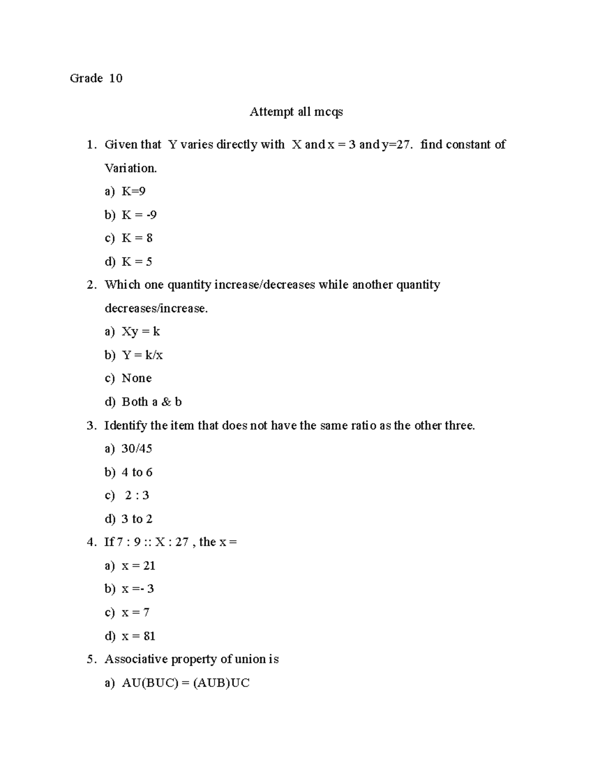 Grade 10 MCQs - multiple choice questions - Grade 10 Attempt all mcqs ...