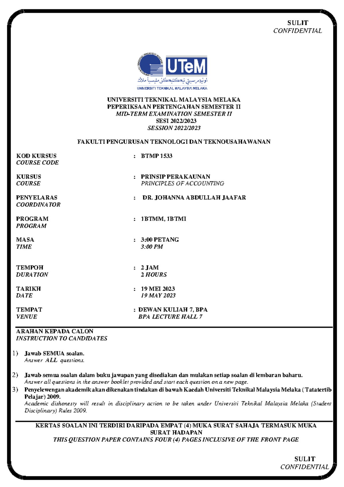 BTMP 1533 Mid-Term Test - UNIVERSITI TEKNIKAL MALAYSIA MELAKA ...