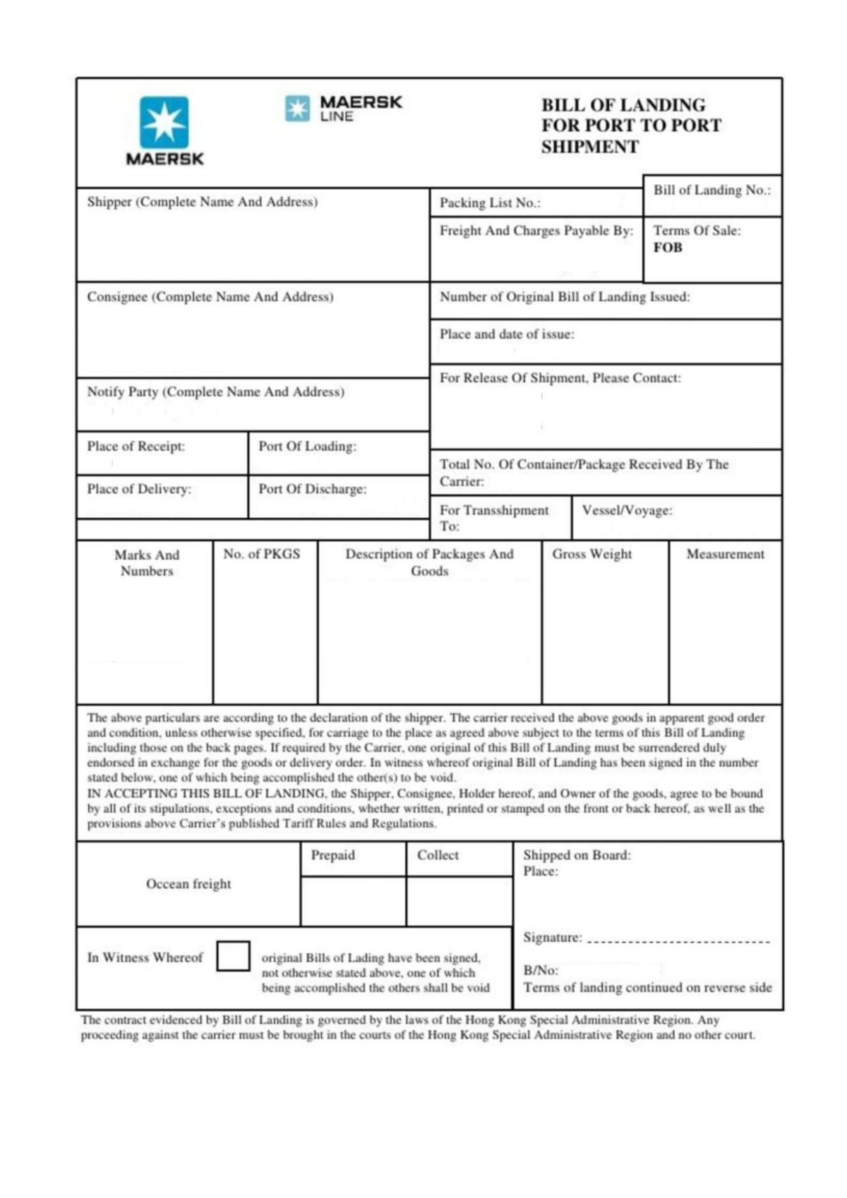 Bill of Landing (emprty) - Gestión Comercial - Studocu