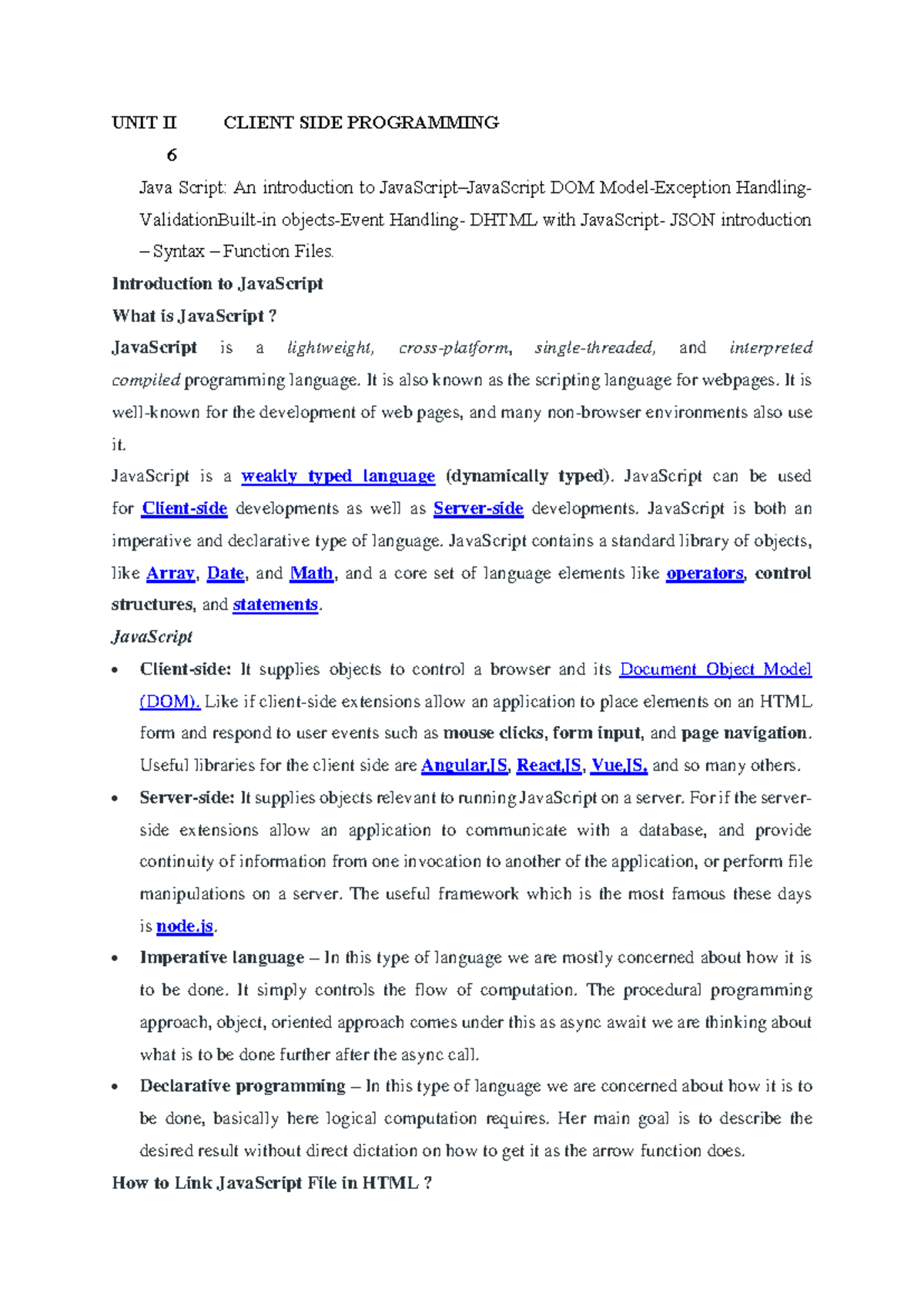 Unt2 - web technology notes unit 2 - UNIT II CLIENT SIDE PROGRAMMING 6 ...
