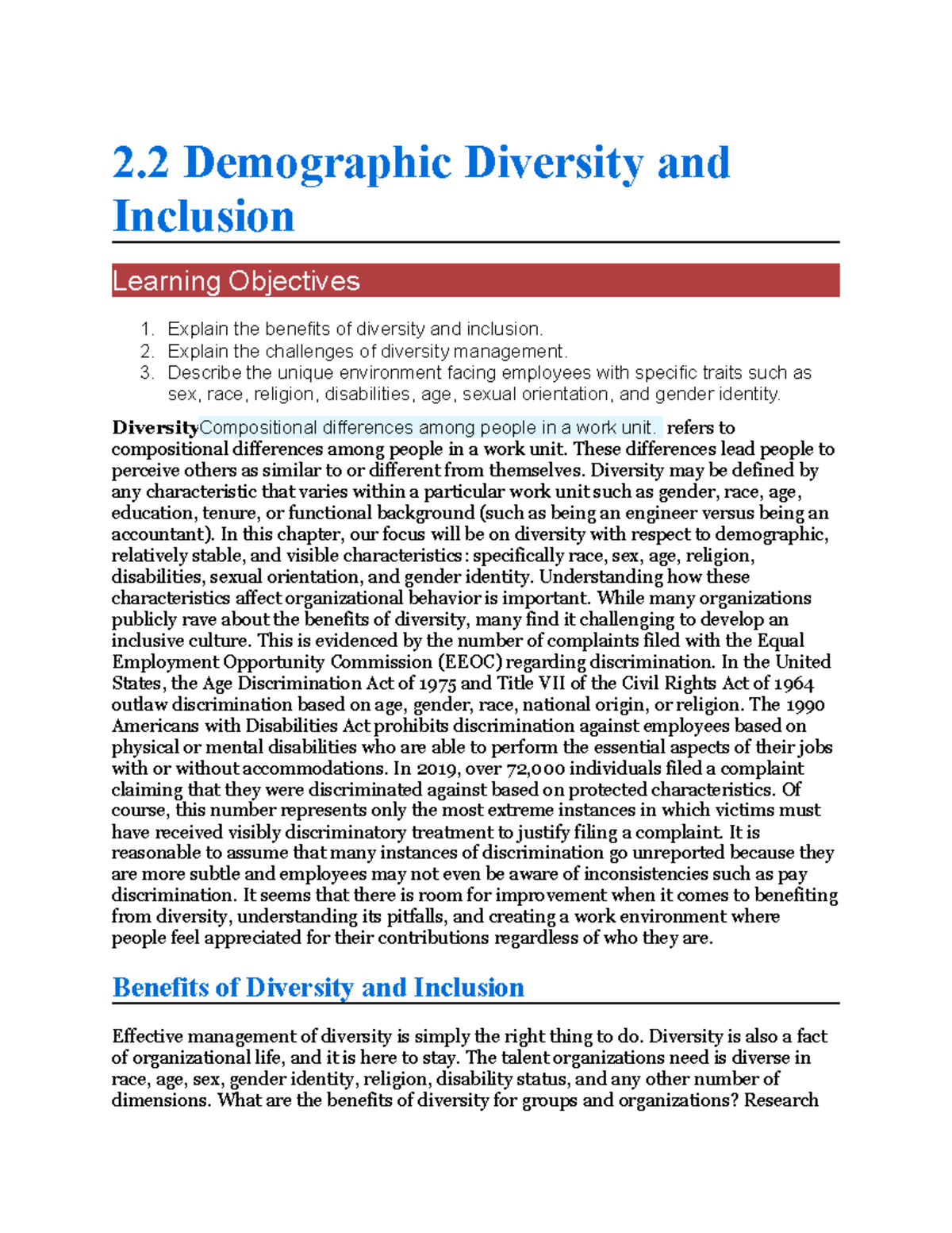 Demographic Diversity and Inclusion - Organizational Behavior Class ...