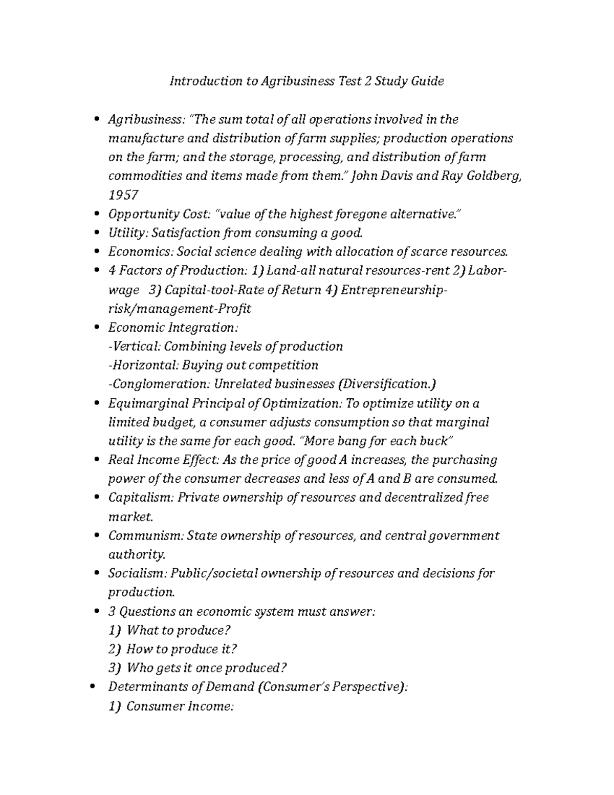 Introduction to Agribusiness Test 2 Study Guide - ” John Davis and Ray ...