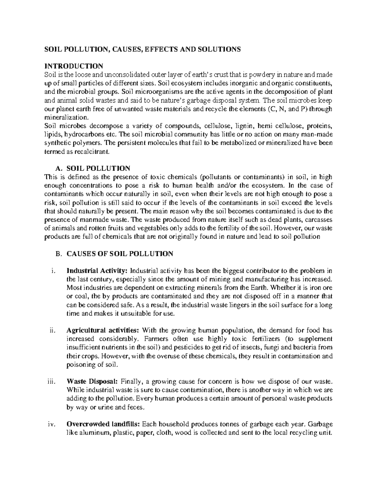 NOTE ON SOIL Pollution - SOIL POLLUTION, CAUSES, EFFECTS AND SOLUTIONS INTRODUCTION Soil is the ...