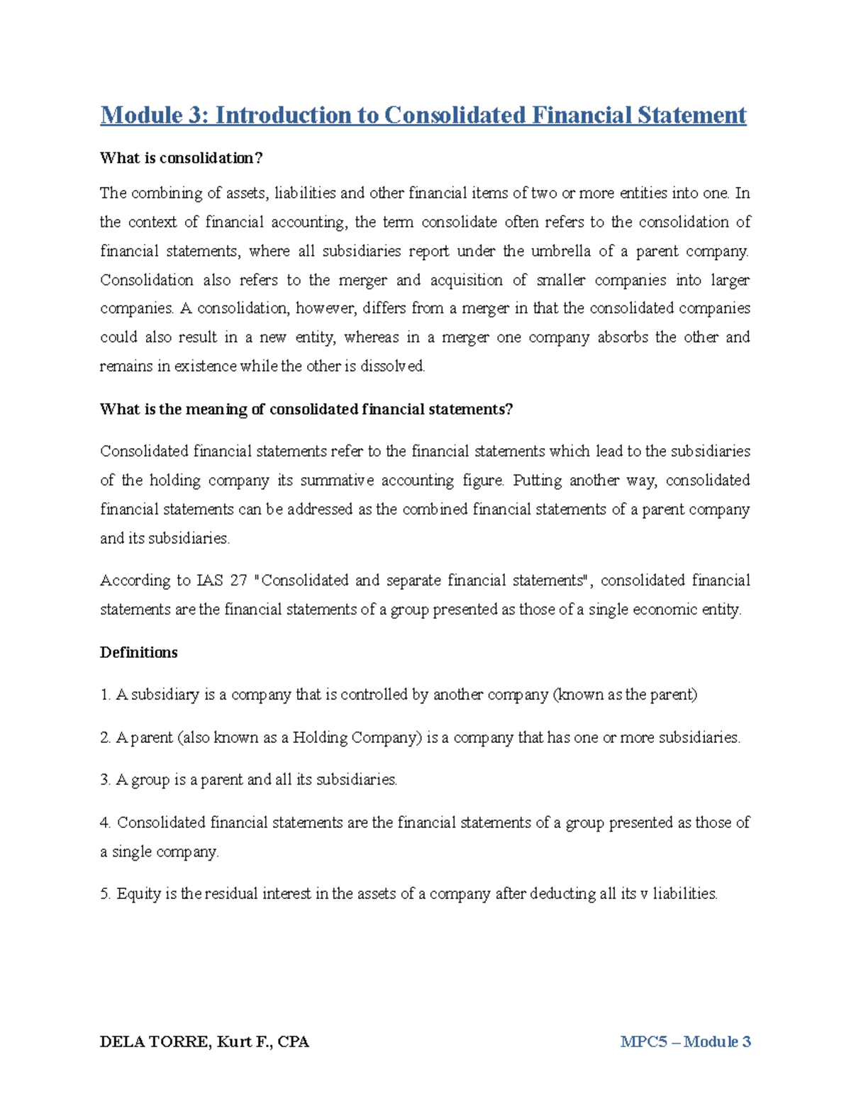 Chapter 3 - Module on Consolidated Financial Statements (Part 1) - Module 3: Introduction to ...