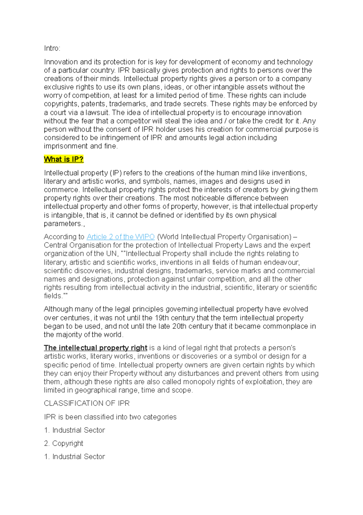 IPR Unit 1 - IPR Notes - Intro: Innovation and its protection for is ...